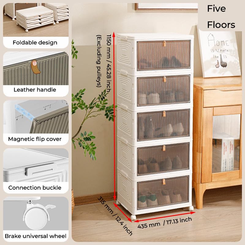 White 5 Tier Plastic Storage Bins Organizer with Lids and Wheels, 17.13 × 12.4 × 45.47 Inch Stackable Bins for Storage, 46Qt Folding Storage Boxes for Home, Dorm Room, 5th storage box (Five layers)