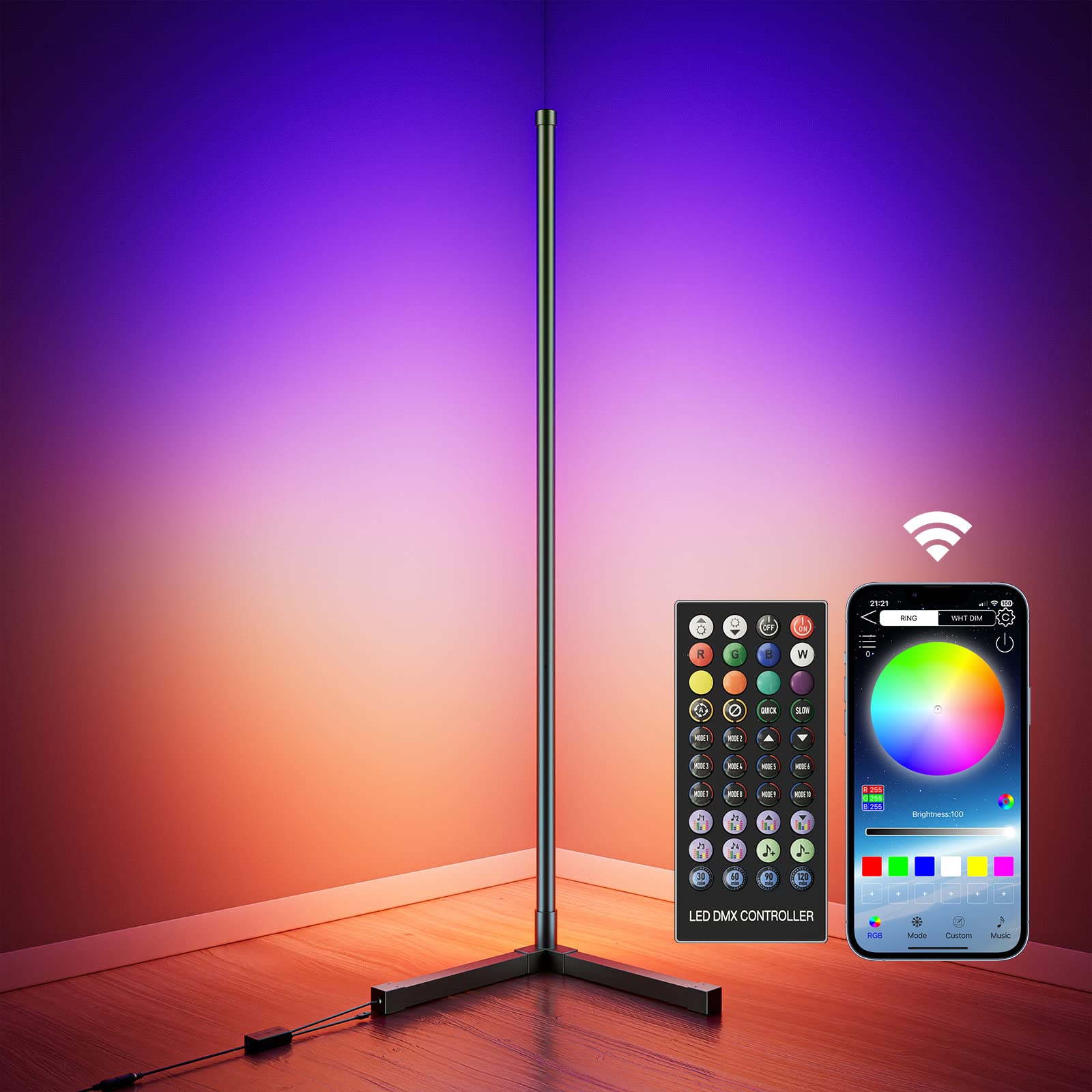 Luckadoo Corner Floor Lamp, 63āRGB Color Changing Led Corner Lamp with Remote & App Control, Dimmable RGB Floor Lamp Corner Lights with Music Sync & Timing Function for Living Room, Gaming Room