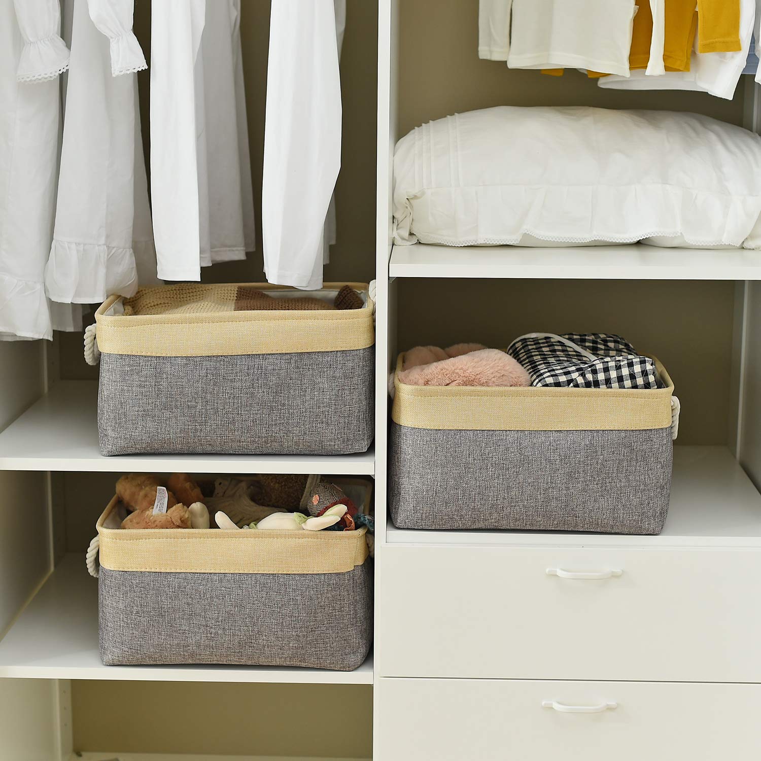Tegance Storage Baskets Bins for Organizing, Foldable Sturdy Fabric Basket WHandles, Large Rectangular Decorative Storage Basket for Shelves Nursery Closet Toy Blanket， Grey&Gold (3 Pack