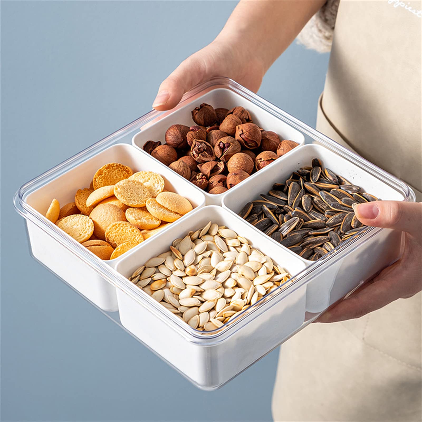 Qushy White Square Plastic Divided Serving Tray with Lid, 4 Compartments Snack Tray Serving Platter for Biscuits, Fruit, Veggie, Candies and Hot Pot