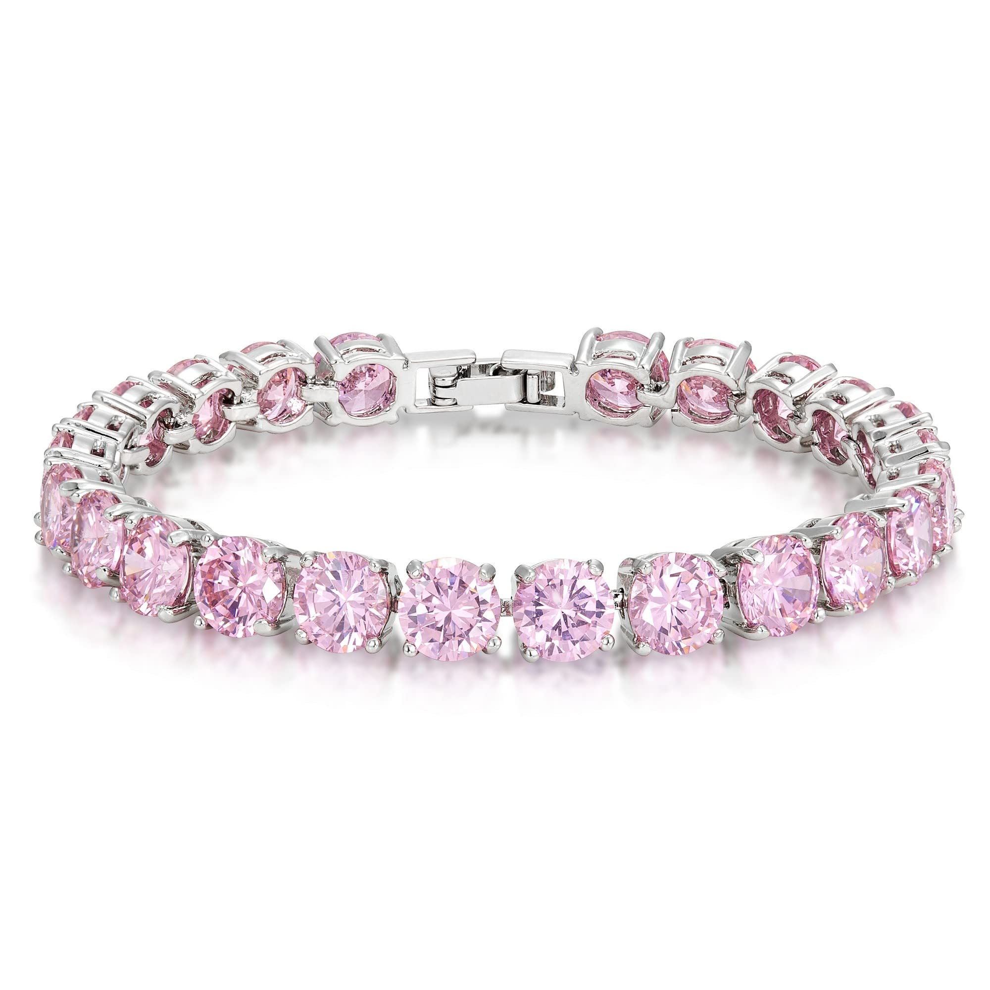 KEZEF Silver Plated Brass CZ Tennis Bracelet - Round 7mm Pink CZ -7 Inch