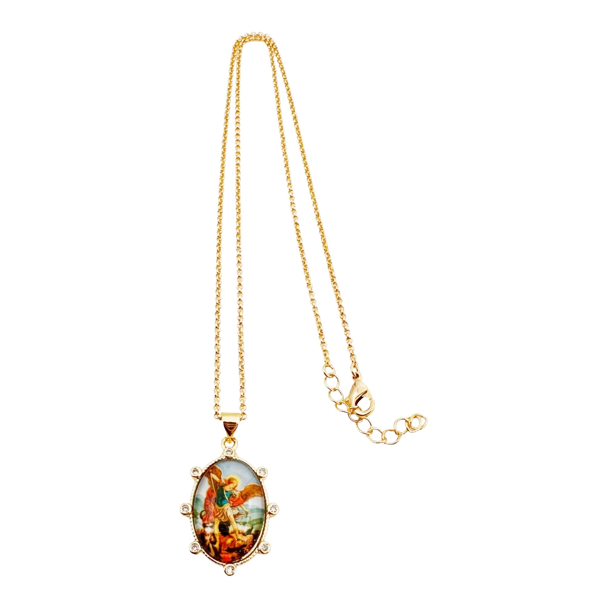 LESLIE BOULES St Michael The Archangel Pendant Necklace 18K Gold Plated Chain 18 Inches Length