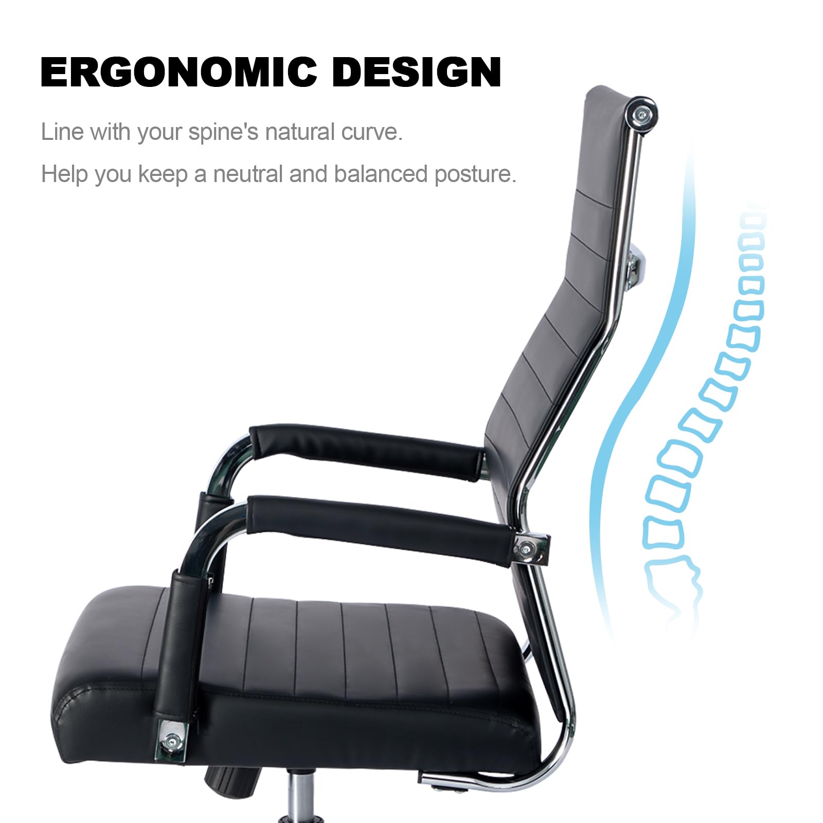 LUCKWIND Office Desk Chair, Executive Ribbed Task Chair, High-Back Leather Conference Ergonomic Chair, Swivel Arm Chair, Height Adjustable & Tilt Rocker (Black)
