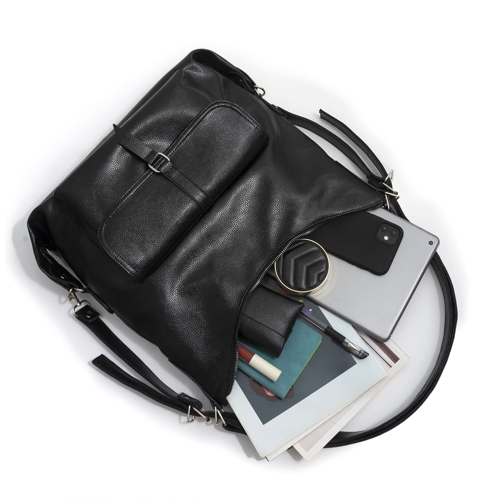QTKJ Leather Backpack, Large Leather Shoulder Bag, Vegan Leather handbags with Adjustable Shoulder Strap, Multifunction Convertible Backpack for Women Travel Work Vacation, Black