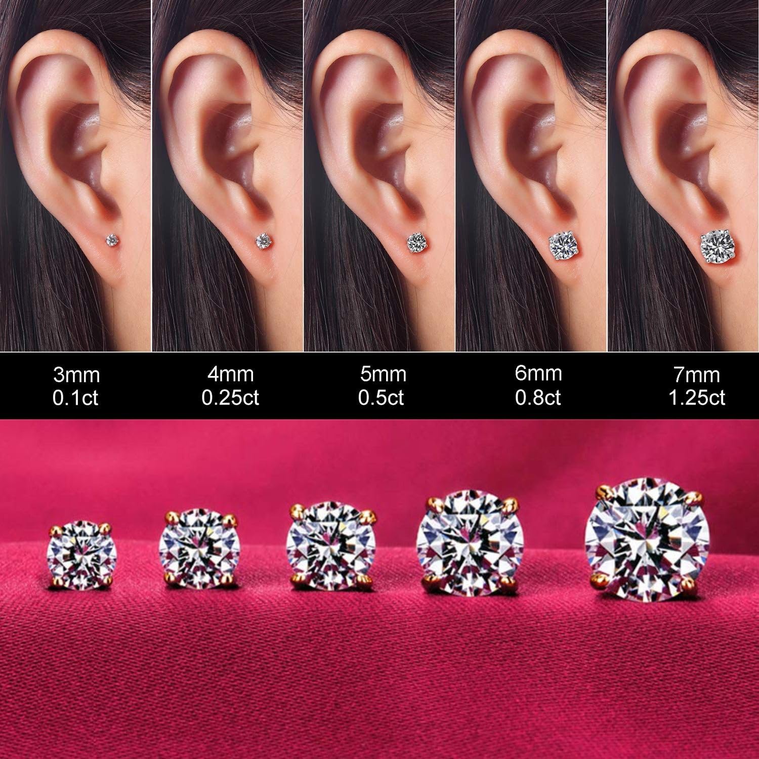 Kainier Women's 5 Pairs 14K Gold Plated CZ Stud Earrings Simulated Diamond Round Cubic Zirconia Hypoallergenic Ear Stud Set(5 Pairs)