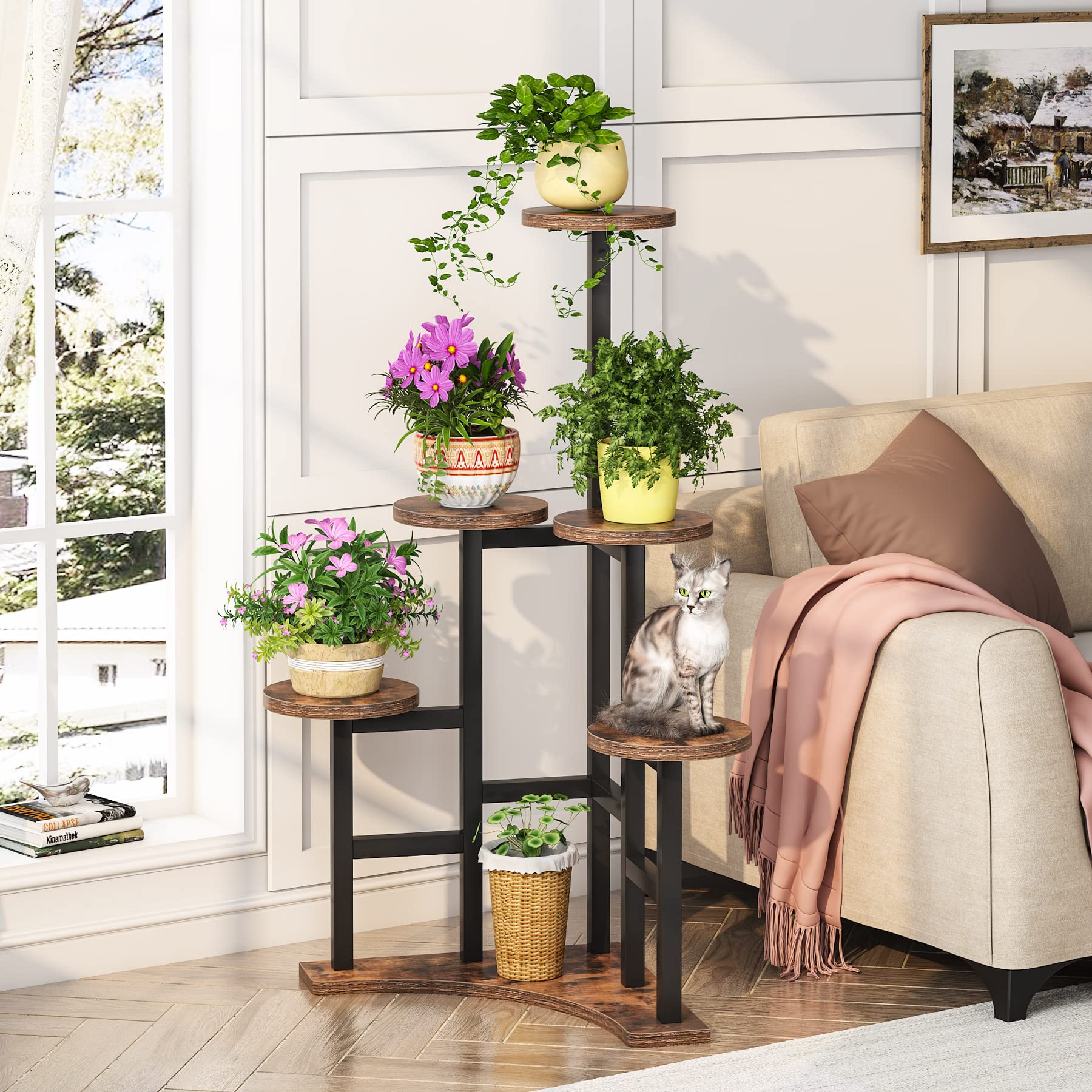 LITTLE TREE 6 Tiered Corner Plant Stand Indoor, Tall Plant Shelf Flower Stand Multiple Potted Plant Holder Rack for Living Room Balcony Garden, Rustic Brown