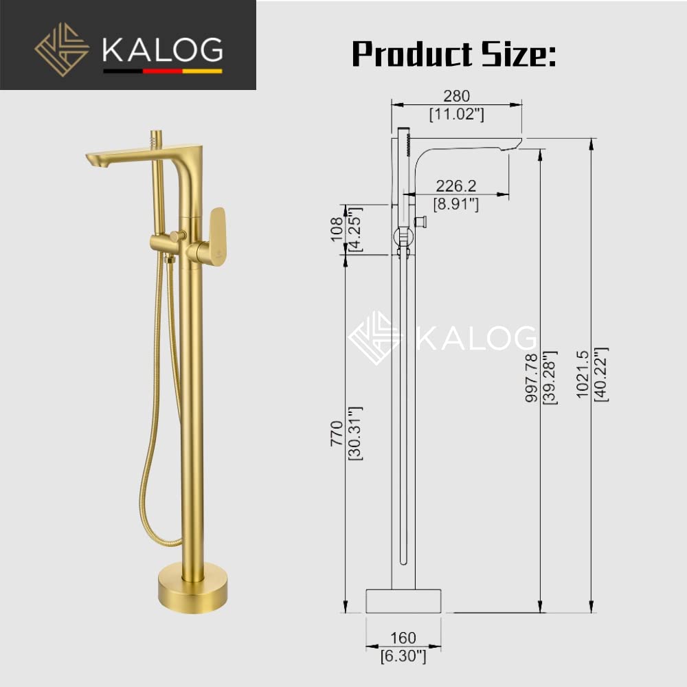Kalog Single Handle Freestanding Tub Filler Floor Mount Bathtub Faucet with Handheld Shower (Brushed Gold-B)