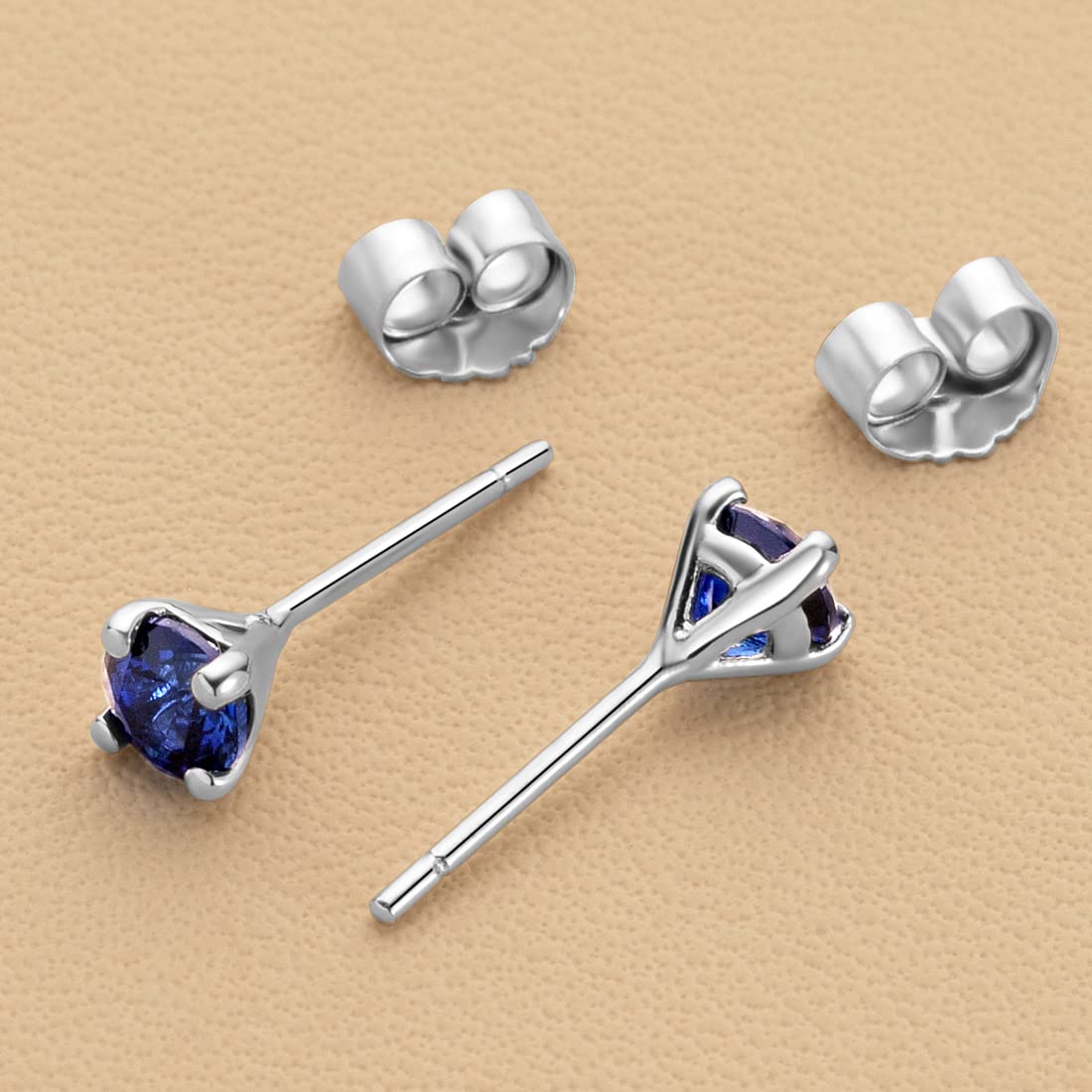 Peora Solid 14K White Gold 4mm Round Created Blue Sapphire Solitaire Stud Earrings for Women, Hypoallergenic 0.50 Carat total AAA Grade, September Birthstone, Friction Backs, Blue Earrings for Women