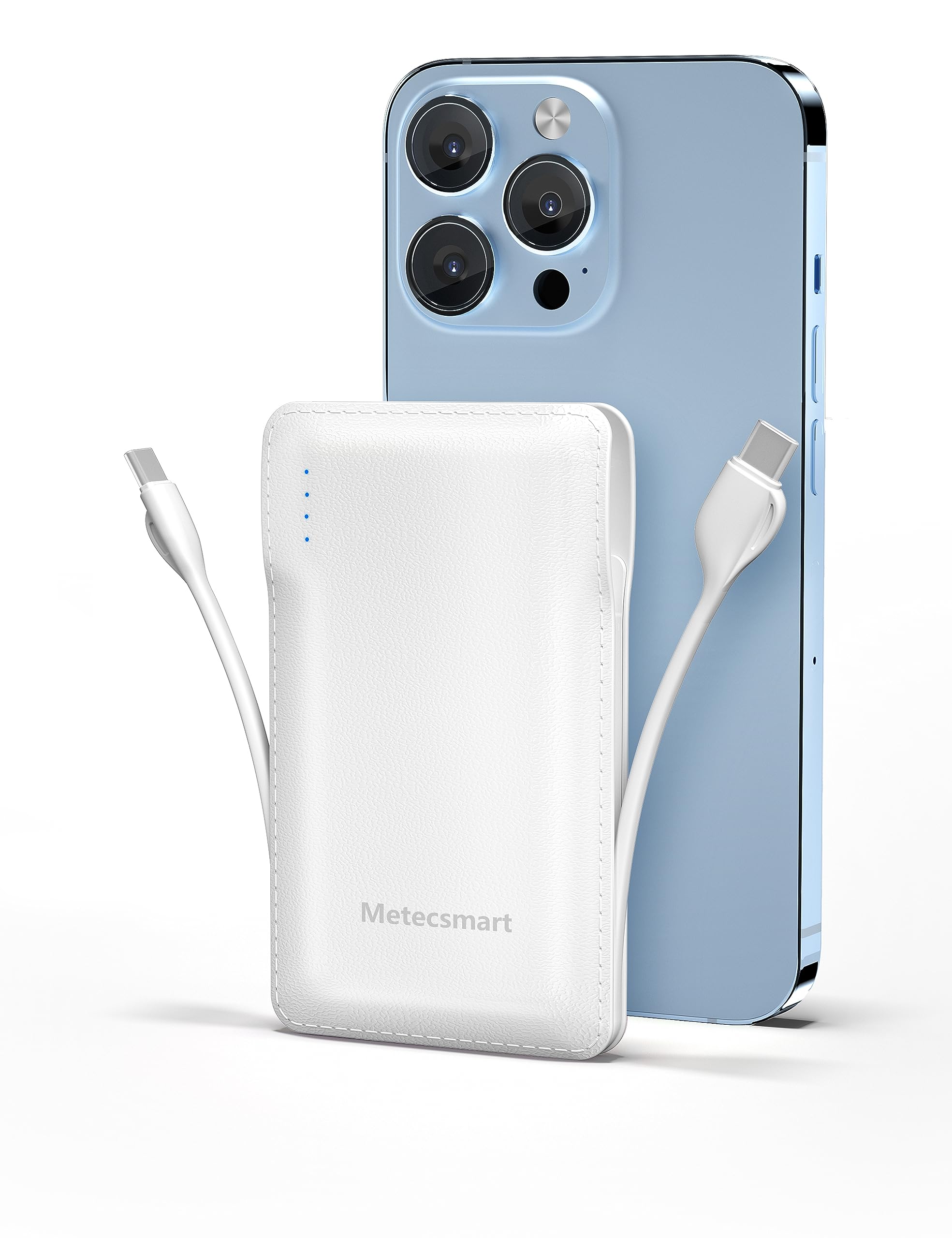 Metecsmart 10000mAh Portable Phone Charger with Built-in 2 Cables, Small Slim Mini Power Bank Fast Charging, USB-C In/Output External Battery Pack, Travel Essentials Compatible with Android/IOS Phones