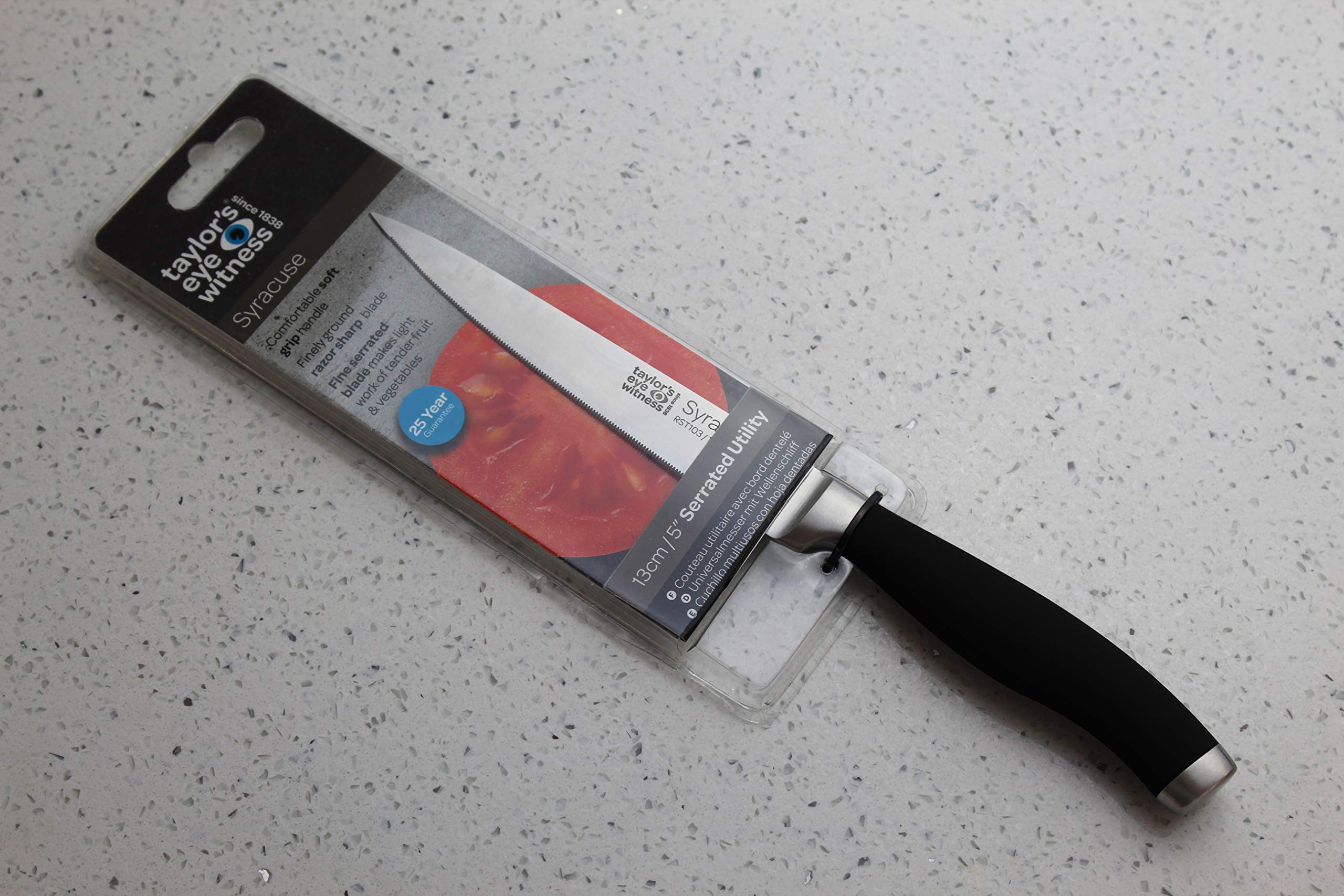 Taylors Eye Witness Syracuse Serrated Utility Kitchen Knife - Professional 13cm/5β Cutting Edge, Multi Use. Ultra Fine Toothed, Razor Sharp Blade. Soft Textured Grip Matte Black Handle.