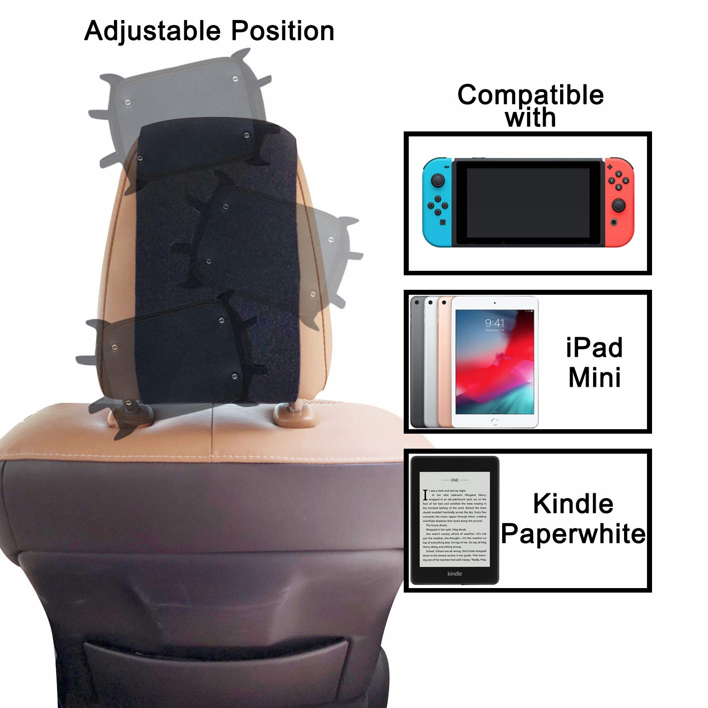 LEVELHIKE Car Headrest Mount Silicon Holder for Nintendo Switch Console, iPad Mini, Kindle Paperwhite with 3-in-1 Charging Cable (Black)