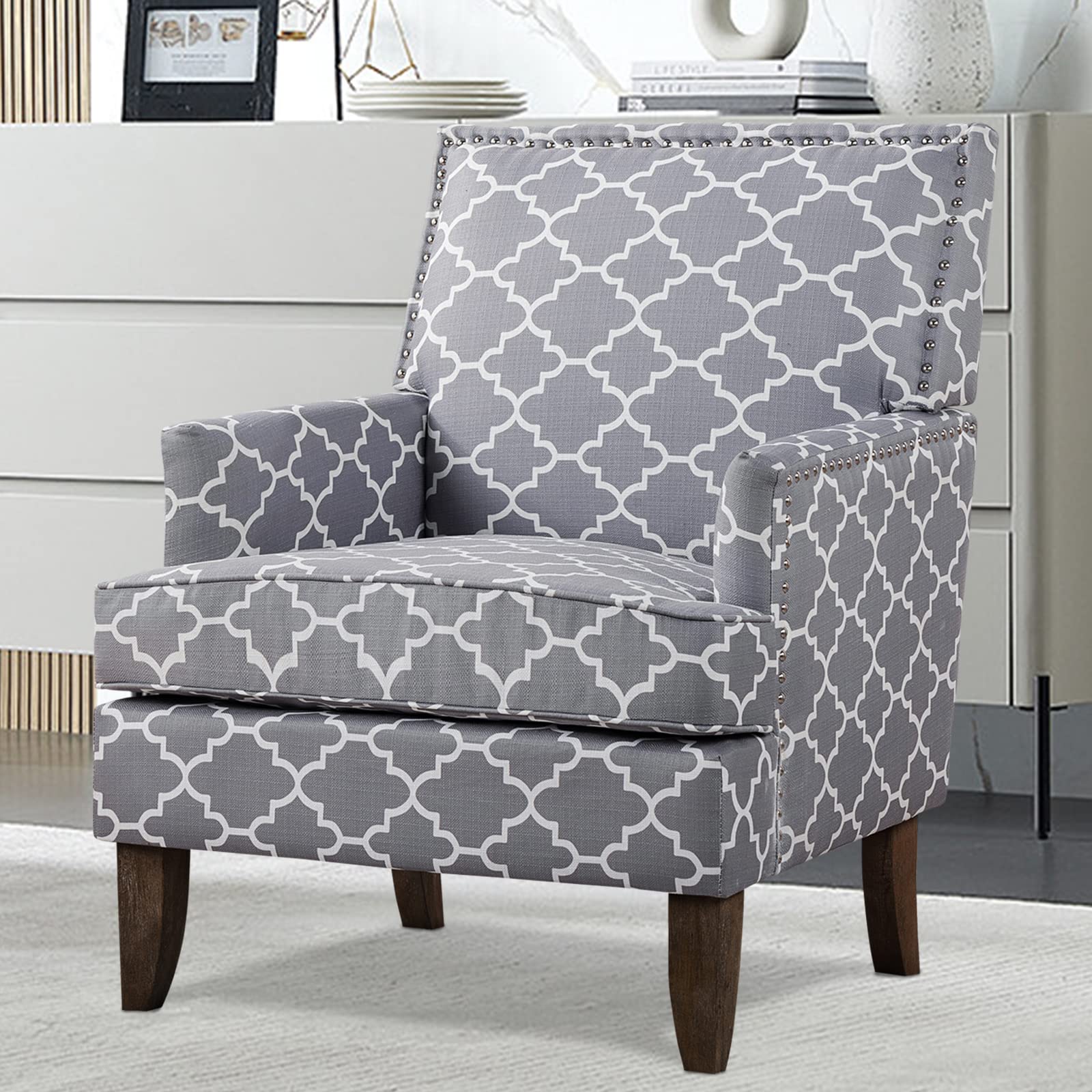 KUVENQIW Modern Accent Chairs,Nailhead Trim Club Chair,Linen Fabric Sofa Chair,Upholstered Button Tufted Armchair,Reading Chair (Grey Pattern)