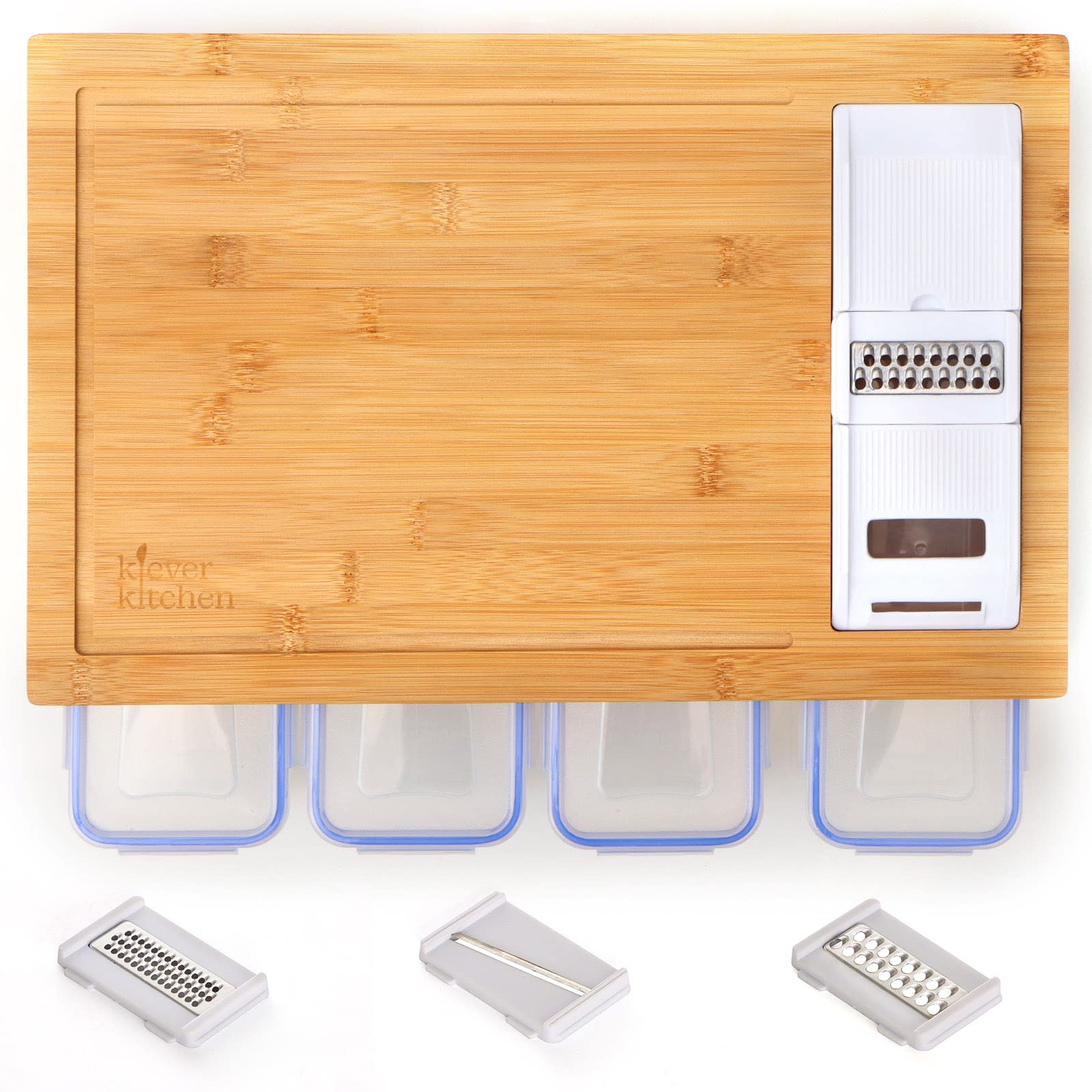 Klever Kitchen Bamboo Cutting Board with Storage Containers - Extra Large Chopping Board with Drawers, Stackable Inserts, Built-in Slicers - Sturdy Food Prep Cutting Board - Modern Meal Prep Station