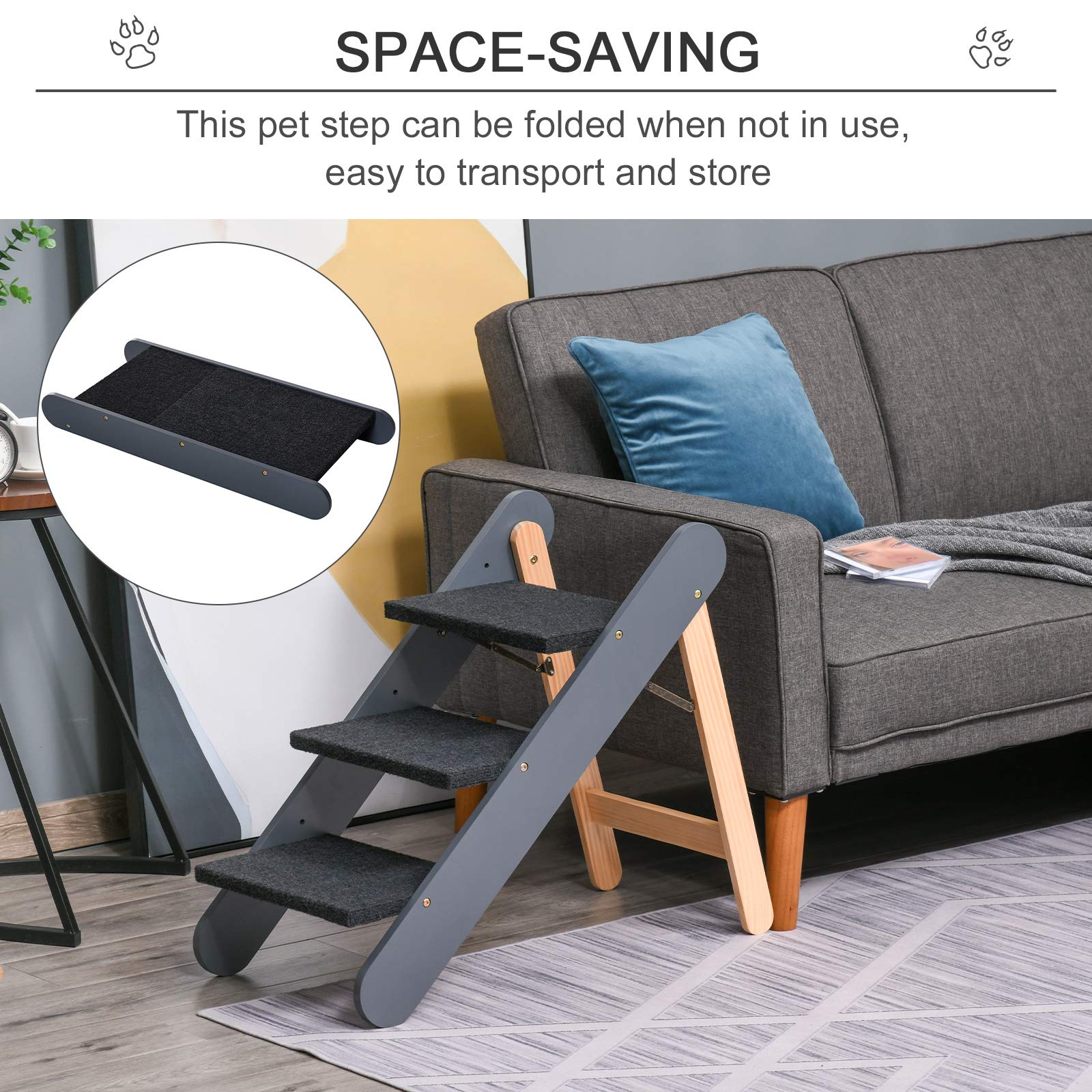 PawHut Wooden Pet Stairs 2 in 1 Convertible Carpeted Ramp Foldable 3 Level Ladder for High Bed Couch Car