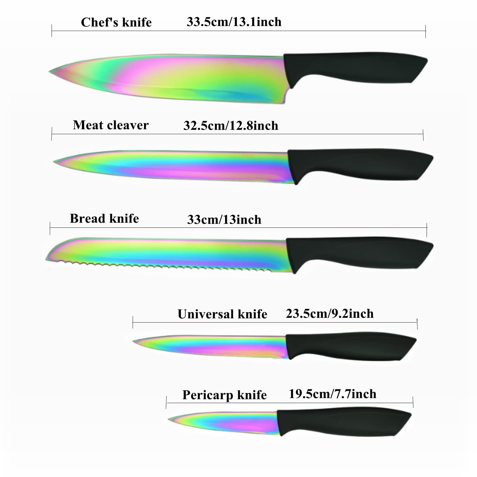 Stainless Steel Knife Set,5Pcs Kitchen Knife Set With Rainbow Titanium Coating Blade,Extremely sharp Non Stick Non Rust Knife Set with Comfortable Handle (Black)