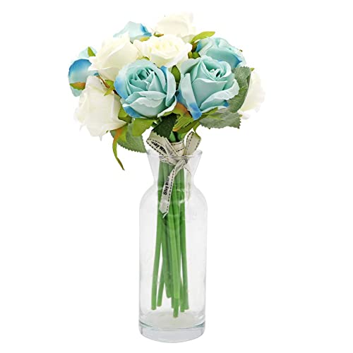 LIUCOGXI 12 Heads Artificial Silk Rose Flowers Bouquet White&Blue for Wedding Party Home Decor