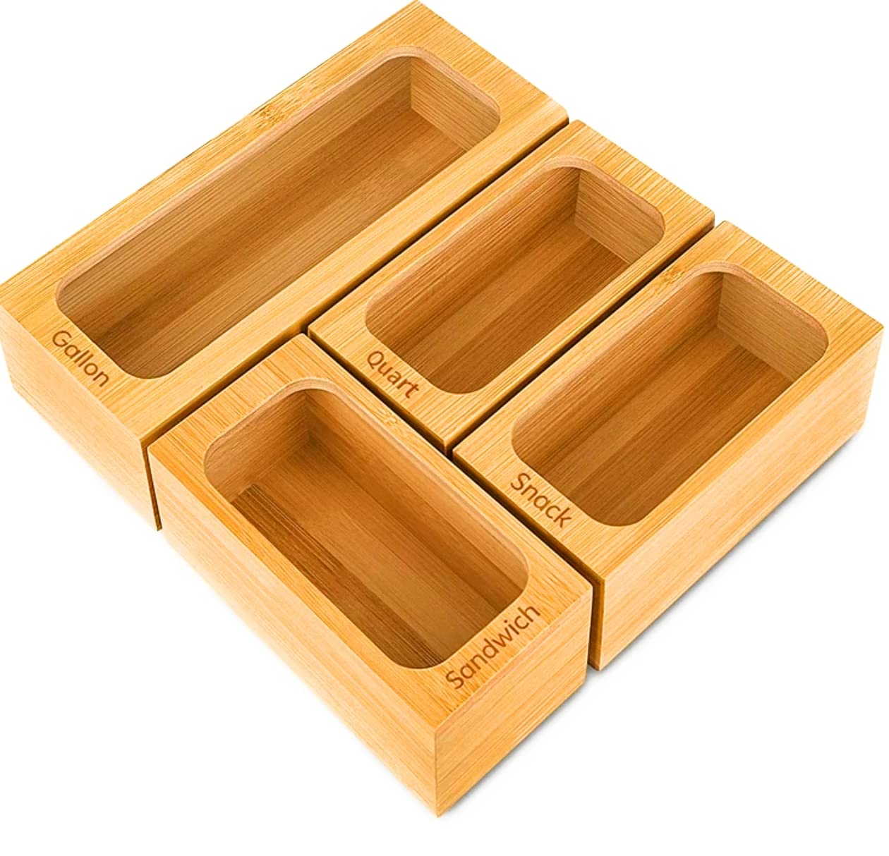 Premium Thick Solid Bamboo Storage Bag Organizer, Organizadores De Cocina, Food Baggie Dispenser for Kitchen Drawer Compatible with Most Brand (4 Piece Set)