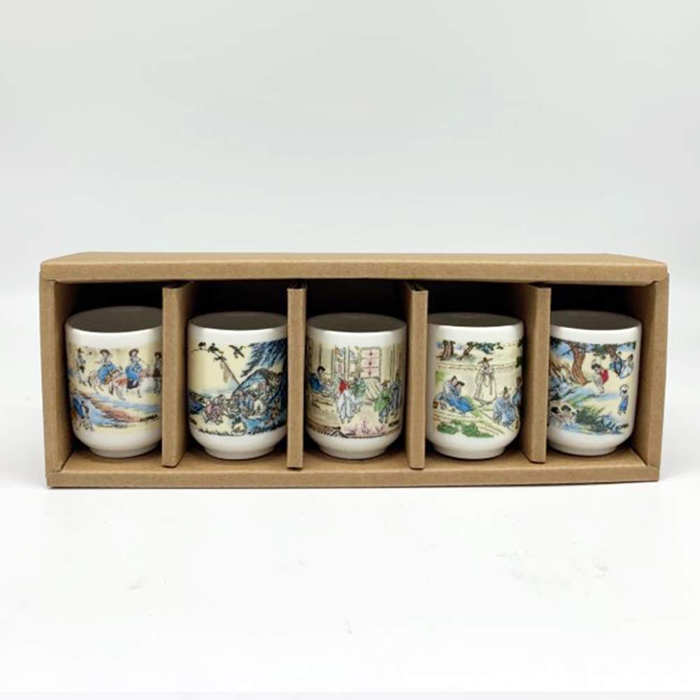 PARTYCRAFTZ Korean Soju Shot Glass Set β 5 Piece Ceramic Pottery Cup for Whiskey Sake Vodka Alcohol Liquor w/Korea Traditional Illustration Paintings Gift Party Decoration Display Drinking Glasses