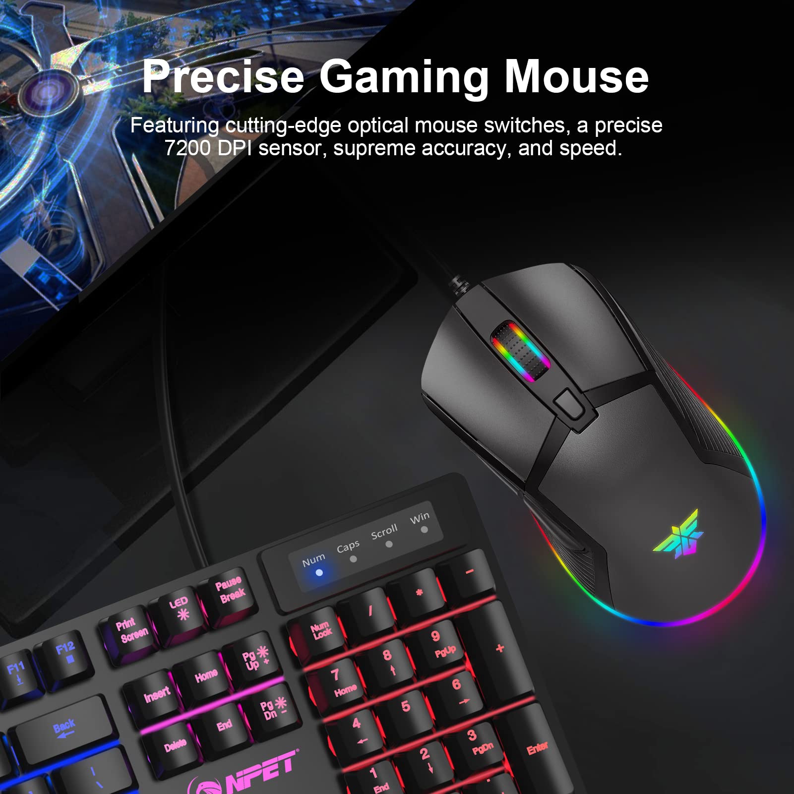 NPET M61 Gaming Mouse, 7200 DPI Optical Sensor, Chroma RGB Lighting, 7 Programmable Buttons, Anti-Slip Side Grips, Wired Mouse for FPS, MOBA, MMO
