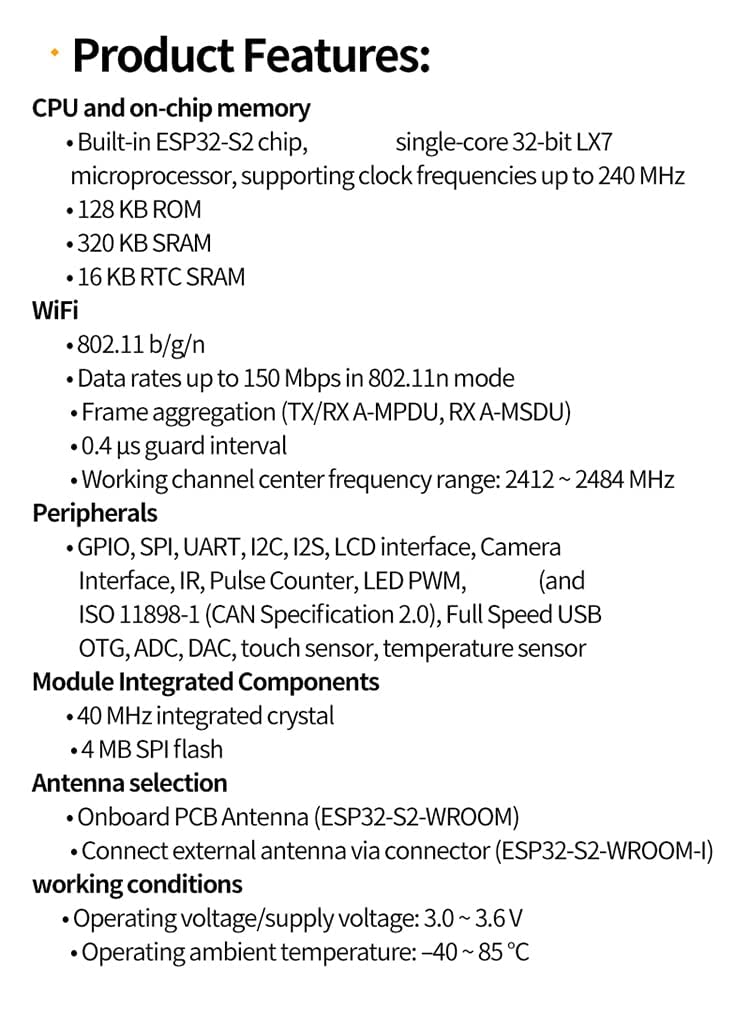 Teyleten Robot ESP32-S2-WROOM ESP32-S2 IoT Development Board Wi-Fi MCU Module Wireless Module 32-Bit Single-Core 2.4GHz for MicroPython 3pcs