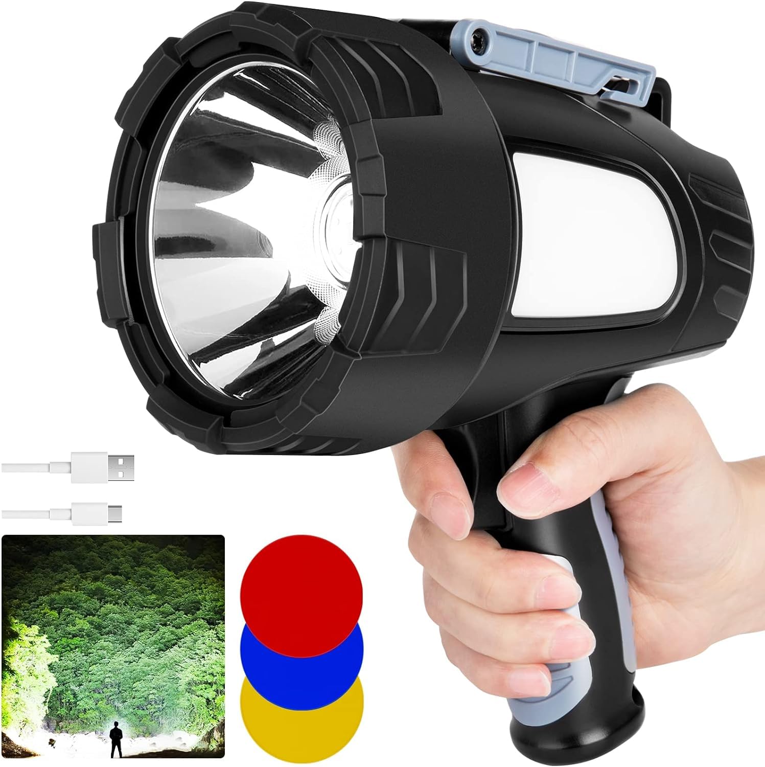 NiaoChao Rechargeable Spotlight Flashlight, 900000 Lumens Spot Lights Outdoor Handheld Spotlight Searchlight with Cob Light, 6 Modes, Folding Stand, IPX6 Waterproof