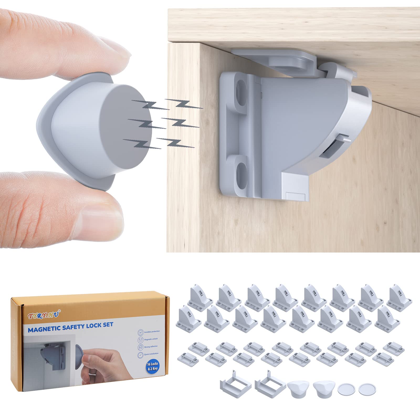 TYRY.HU Upgraded Child Safety Magnetic Cabinets Locks(16 Locks+2 Key) for Kitchen Cupboards & Drawer,Invisible Baby Proofing Child Safety Locks with Key-No Drilling or Tools Required,Easy Installation