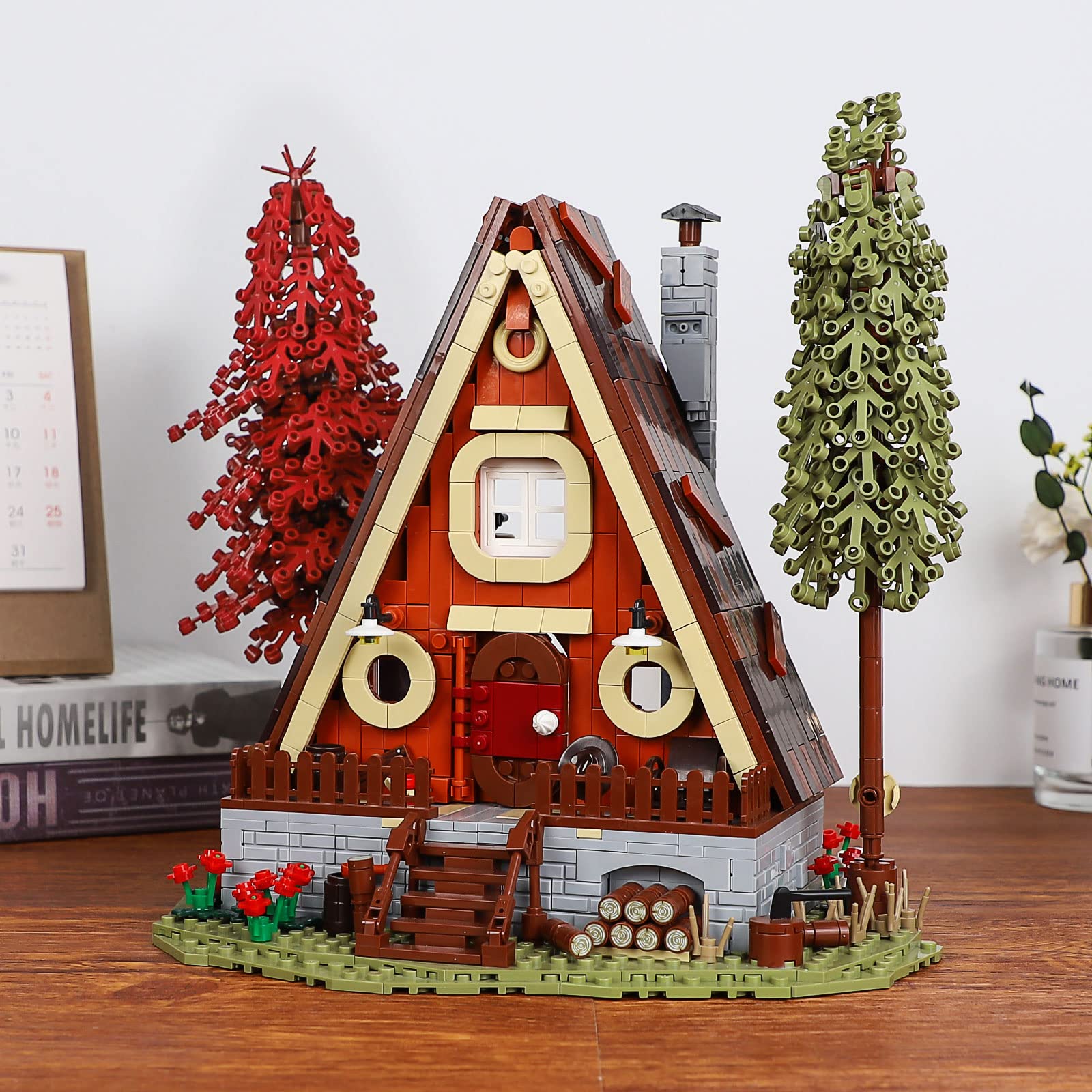 QLT A-Frame Cabin Building Set, Wooden Forest House with LED Lighting Kit, Gift for Adults, Compatible with Lego Adult Cabin (1689 Pcs)