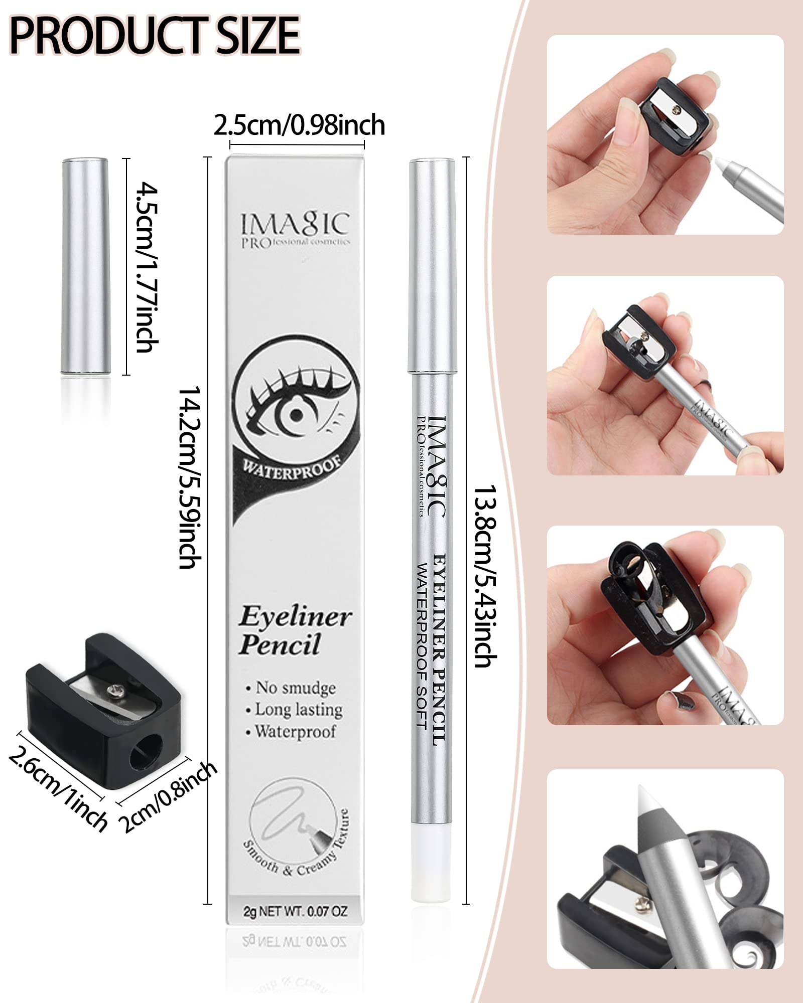 White Waterproof Gel Eyeliner Pens, Highlighter Eye Liner Pencil, Matte Long Lasting Super Smooth formula White Eye Liner Eyeshadow Makeup Pen, Polished White Luster, with Pencil Sharpener-1Pcs