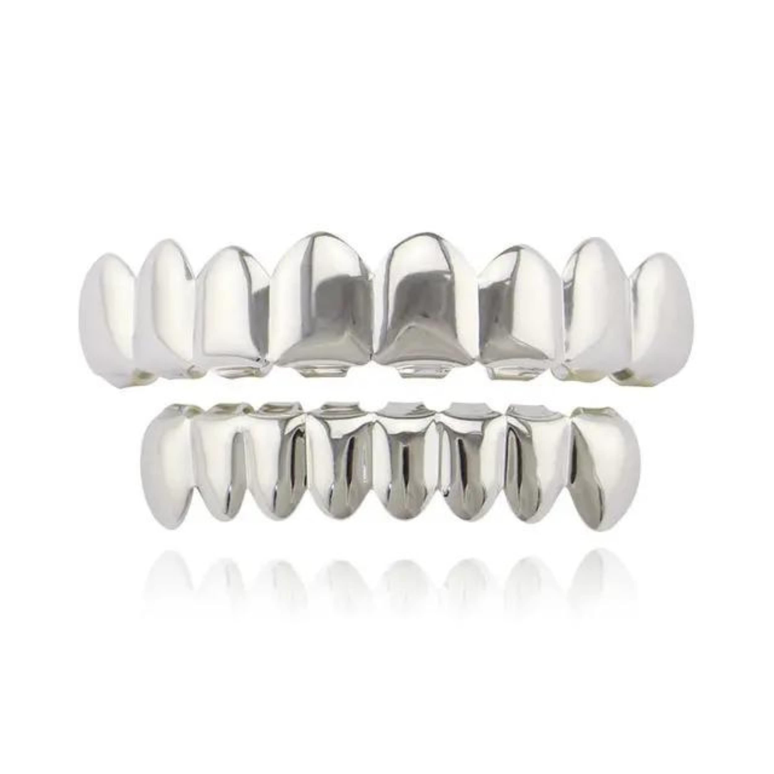 Silver Plated Solid Hip Hop Grillz 12 Piece Set - 6 Top 6 Bottom - Molding Bar, Tweezers & Instructions Included - Teeth Rapper Costume Cosplay