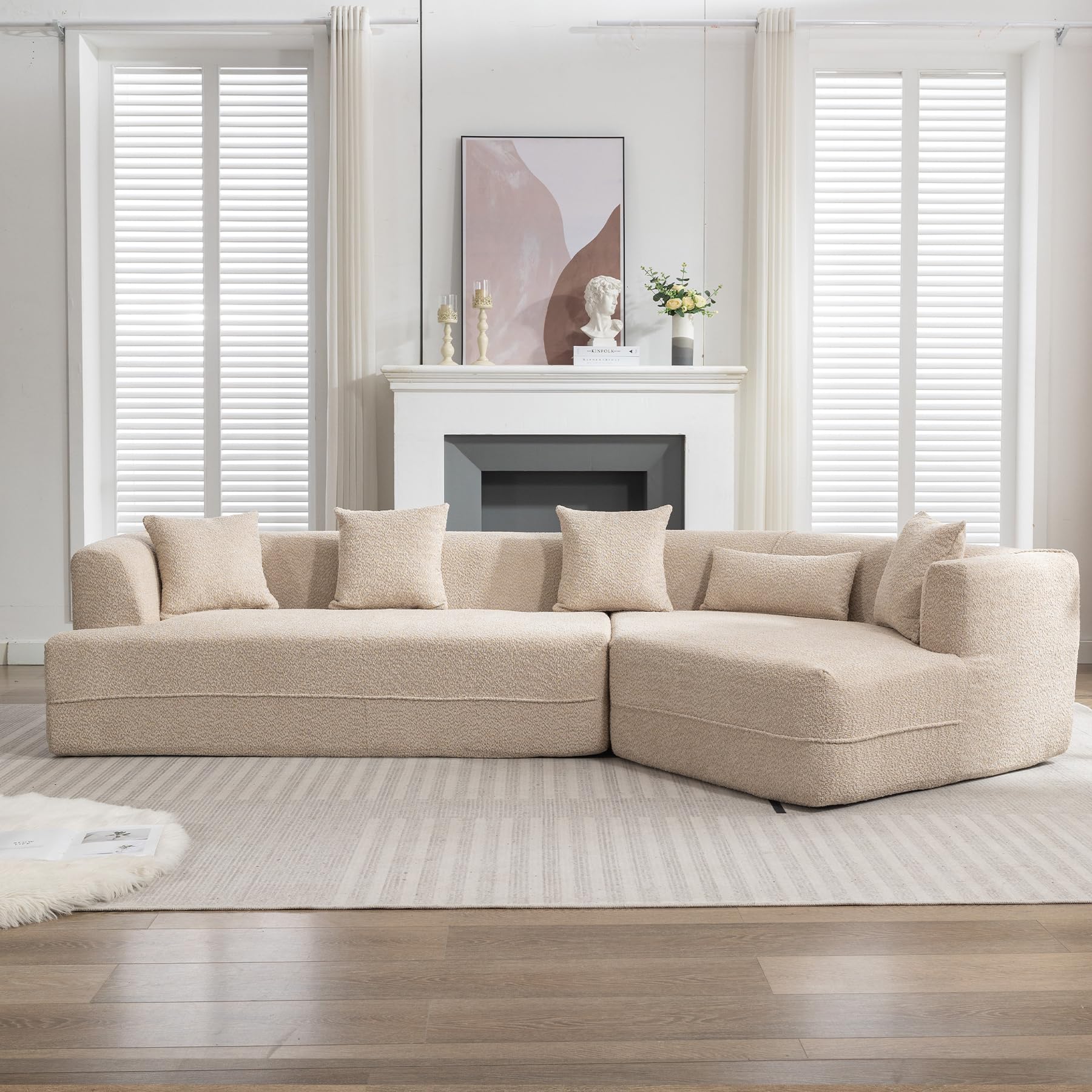 Wrofly 125.2" Modular Sectional Sofa Couch, Comfy Boucle Upholstered L-Shape Deep Seat Cloud Couch with Convertible Chaise, Modern Minimalist Sleeper Sofa Set for Living Room, Office, Light Brown