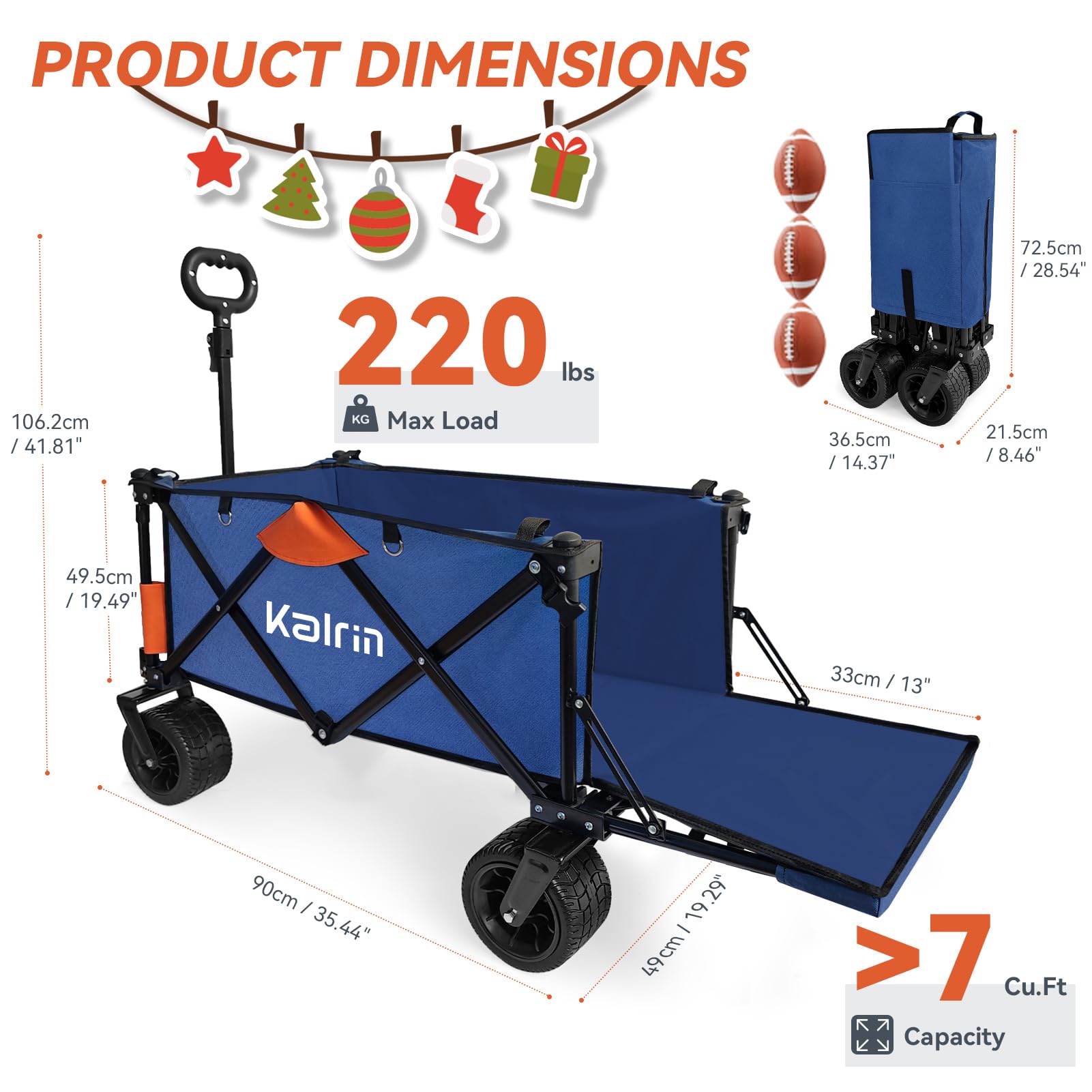 Kalrin Collapsible Folding Wagon, 220lbs Portable Large Capacity Beach Wagon Cart with Opened Tailgate, Heavy Duty Utility Wagon with All-Terrain Wheels and Elastic Rope for Camping, Sports, 200L
