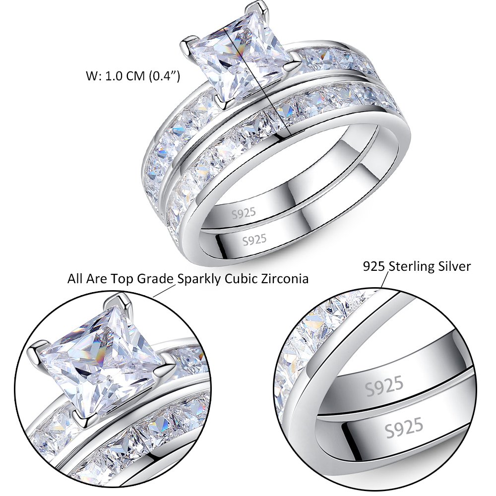 MABELLA 925 Sterling Silver Princess Clear Cubic Zirconia Engagement Rings Wedding Band Set Gifts Ring for Women Size 7