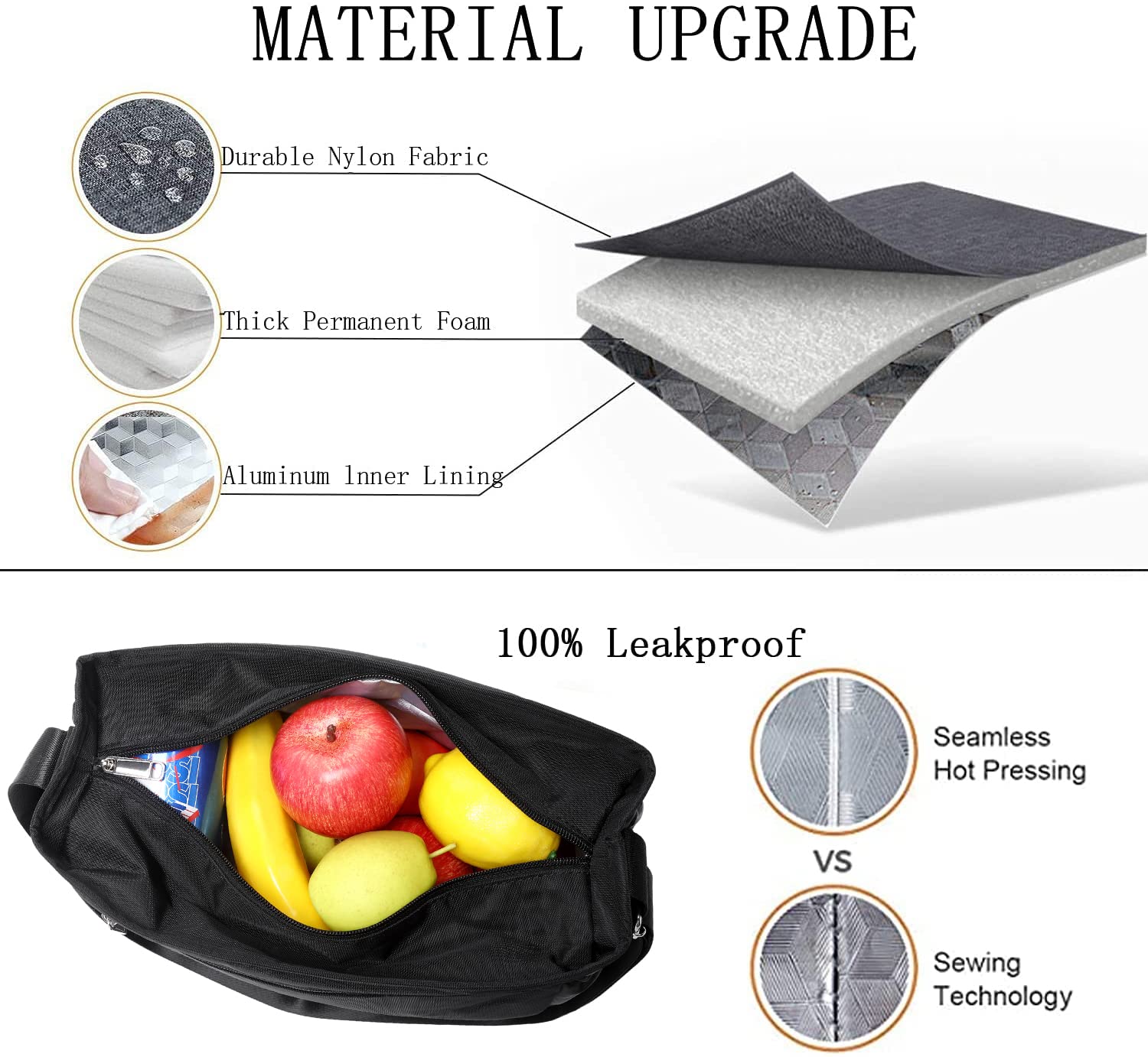 Scorlia Insulated Lunch Bag for Women/Men, Large Leakproof Cooler Box, Reusable Lunch Organizer with Side Pockets, Durable One Shoulder Crossbody Lunch Bag for Work, Picnic, Beach, Black