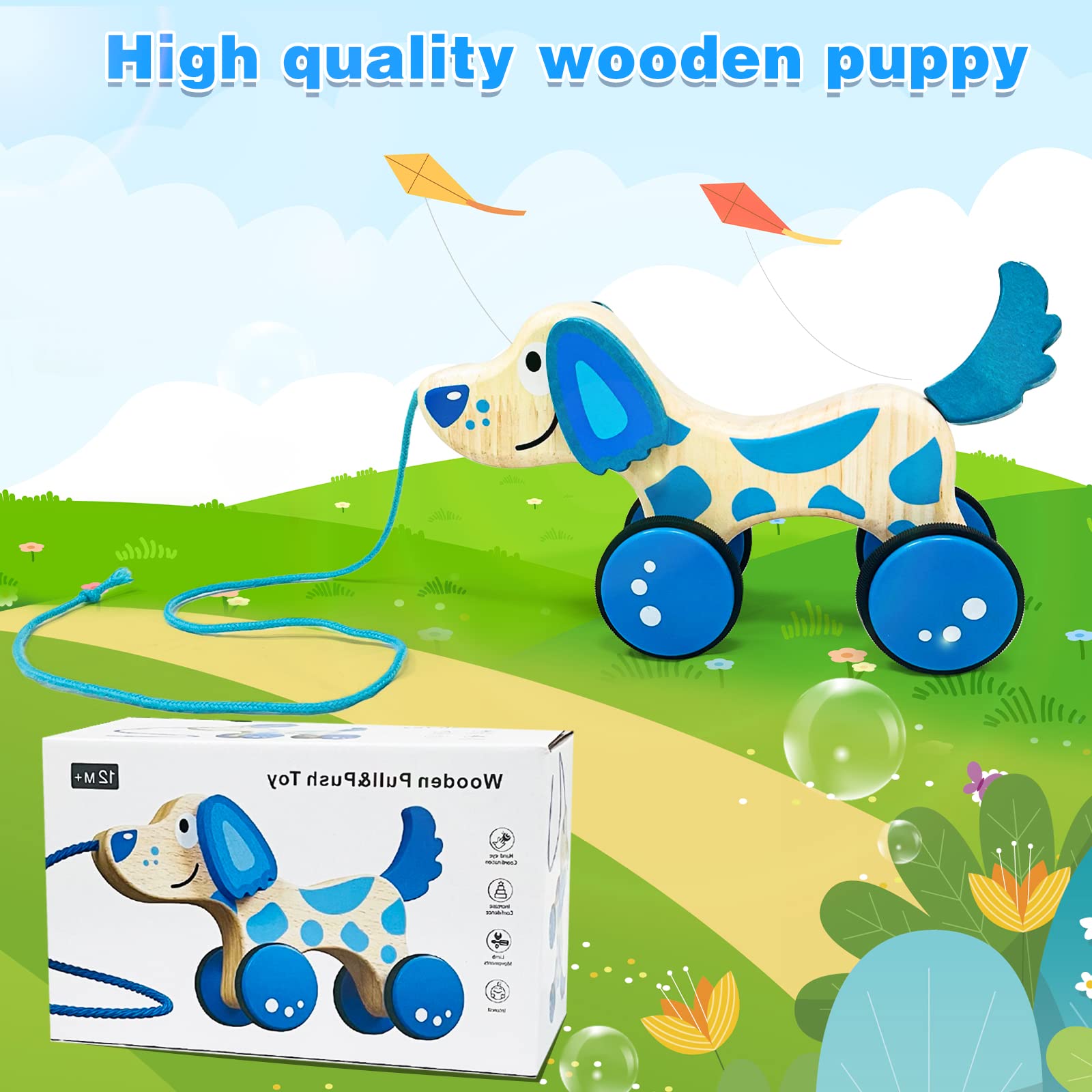QODOFLR Pull Toy Dog for Toddlers 1-3 Toddler Pulling Toy Wood Toddler Toy Wooden Pull Toy Pull Along Wood Toy Pull Dog Toy for Toddler STEM Push and Pull Toys for Toddlers 1-3