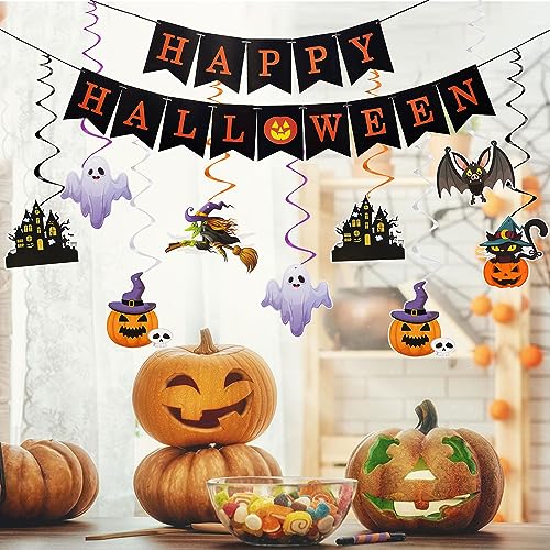 Lucleag 12Pcs Halloween Hanging Swirls Decorations & Halloween Banner, Pumpkin Bat Witch Ghost Hanging Decor Happy Halloween Banner for Ceiling Wall, Hanging Decoration for Halloween Party Supplies