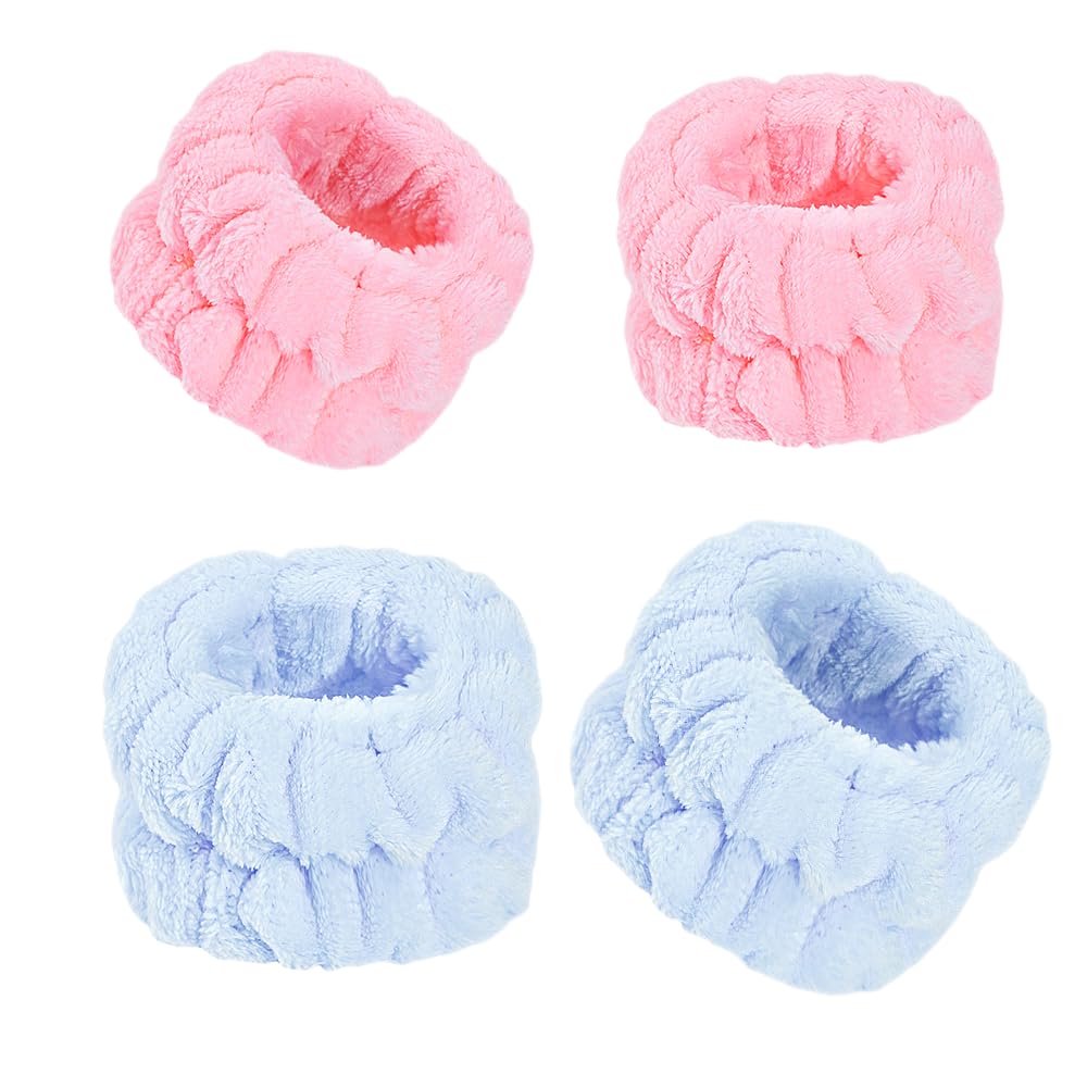Leezmark Wristband Set, Spa Headband Makeup Skincare Headbands Wrist Bands for Washing Face (Pink, Light Blue)