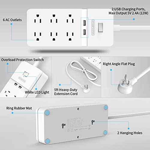 Surge Protector Power Strip with Cable Management Box, 6 Outlets and 2 USB Ports with Switch Control, Flat Plug, 5ft Heavy-Duty Extension Cord, Cord Organizer Box for Home and Office - White