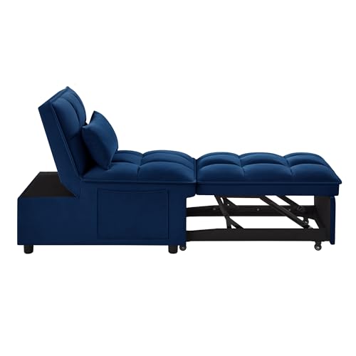 YOPTO Multi-Function Convertible Single Sleeper Sofa Bed with Storage Pockets,Velvet Tufted Pull-Out Couch Bed 4in1 W/Adjustable Backrest & Pillows,Chaise Lounge for Living Room,Small Space,Navy