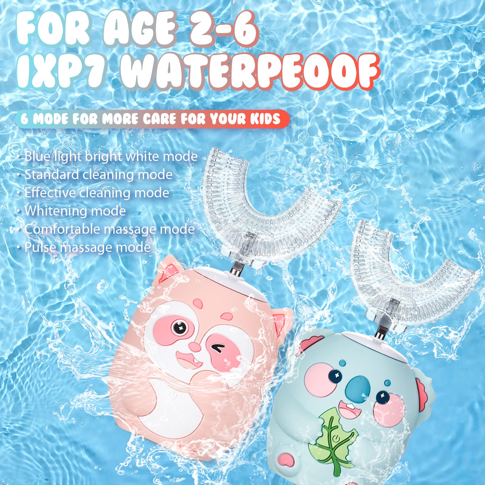 U Shaped Electric Toothbrush with IPX7 Waterproof, 6 Cleaning Modes for Kids Age 2+ (Pink)