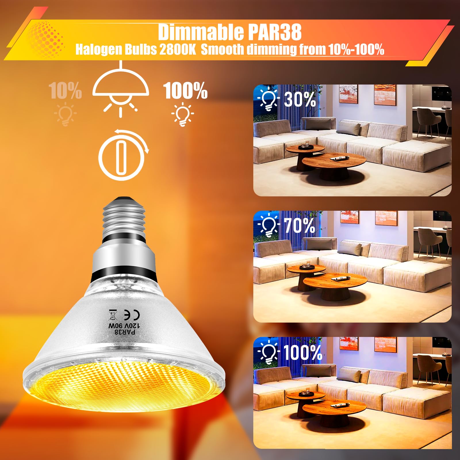 ZazaFi PAR38 Flood Llight Bulbs, 2 Pack High Output PAR38 Halogen Flood Light 90W 120V, PAR38 Halogen Dimmable, Halogen PAR38 Bulb with E26 Base for Indoor/Outdoor,CRI100 PAR38 Warm White 2801K