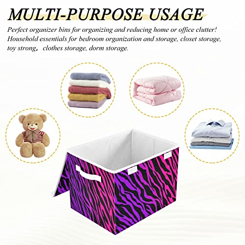 xigua Zebra Print Wallpaper Storage Bins with Lids Foldable Large Cube Storage Boxes with Handles for Home Bedroom Closet Office (16.5x12.6x11.8 in)