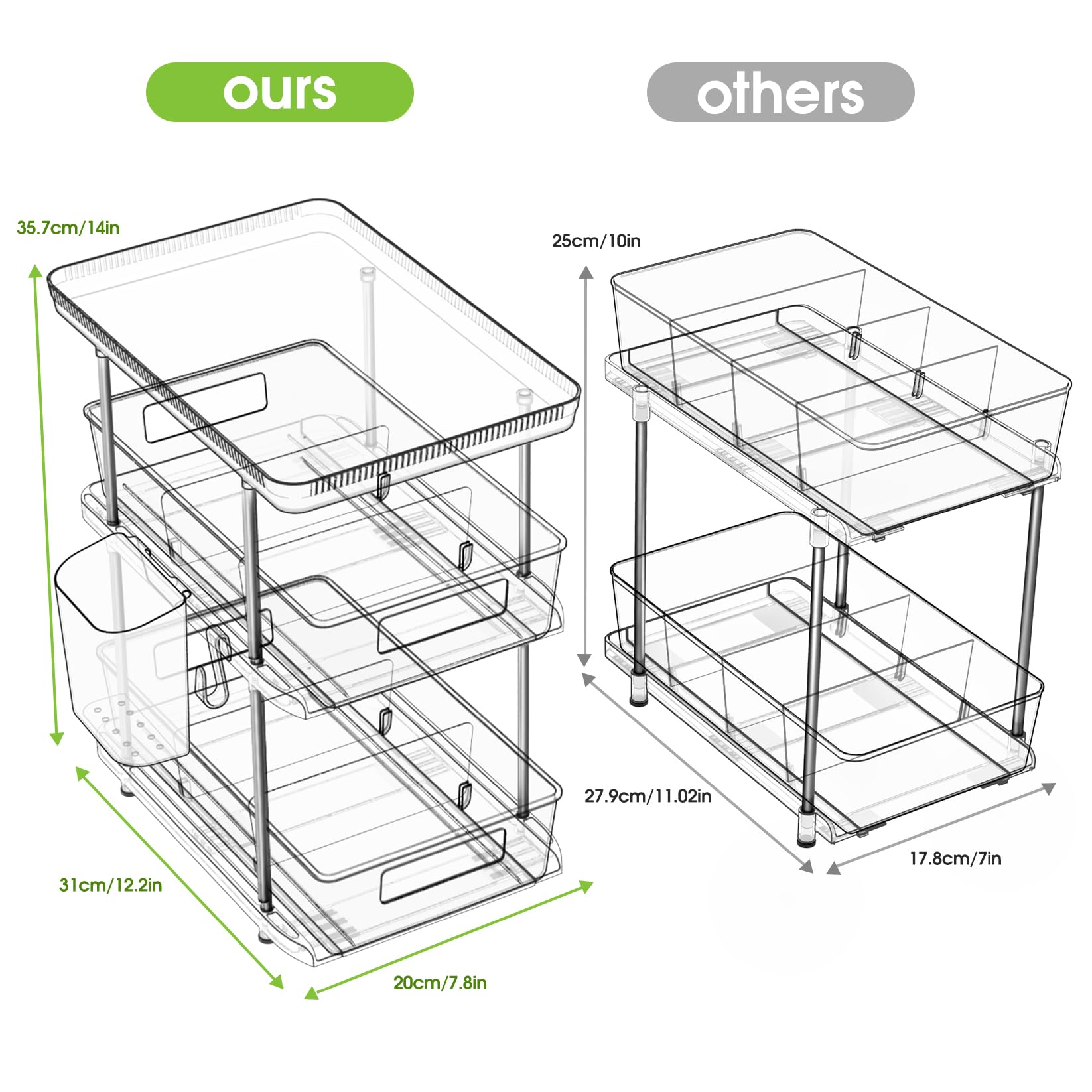 NIHEHAG Large 3 Tier Under Sink Organizers and Storage Bathroom - Multi Purpose Bathroom Cabinet Organizer,Pull Out Organizer and Storage with Dividers/Hooks,Clear Adjustable Medicine Bins (XL)