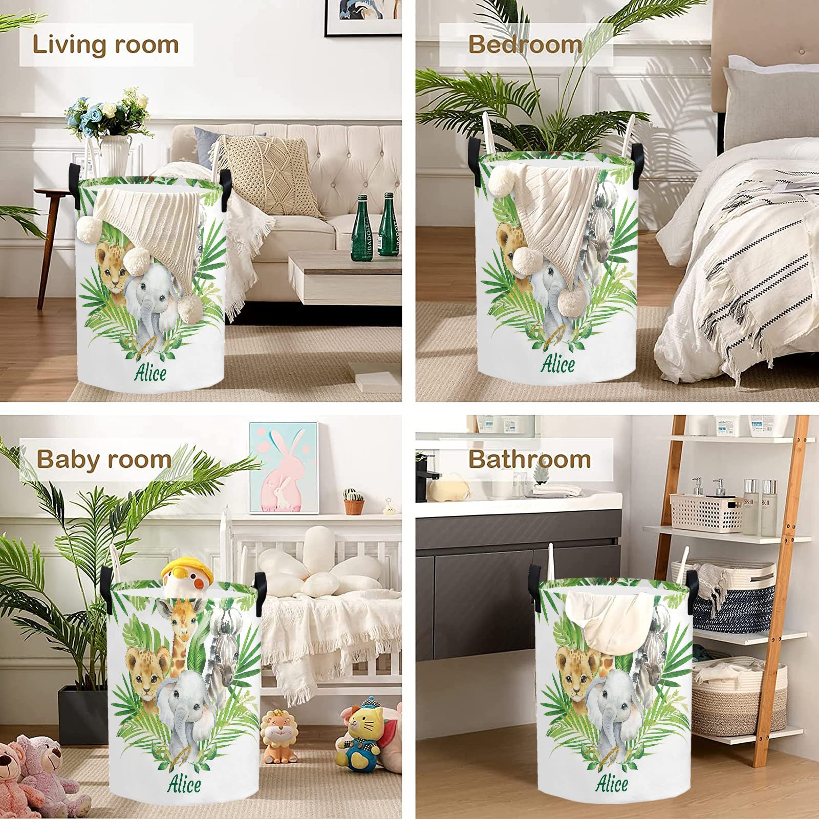 zaaprintblanket Personalized Laundry Basket Name Foldable Organizer Laundry Hamper with Handle Gift Baskets for Bathroom Bedroom Living Room(Giraffe Lion Elephant Green Leaves)