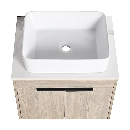 Lifeand 24" Modern Design Float Bathroom Ceramic Basin Set, Wall Mounted Vanity with Soft Close Door,2 Pieces Parcel,White Oak