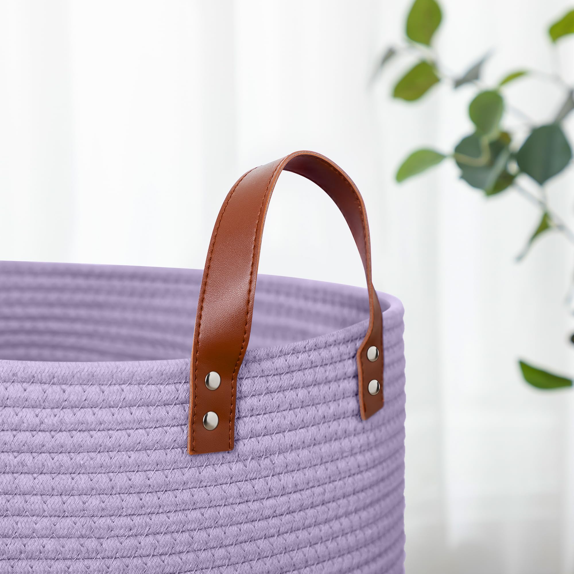 wymulot 80L Large Rope Basket, Woven Rope Storage Basket with Leather Handles, Dog Toy Storage Basket, Bedroom, Nursery Blanket Storage, Bathroom Laundry Basket, 16βx20β Tall Rope Basket (Purple)