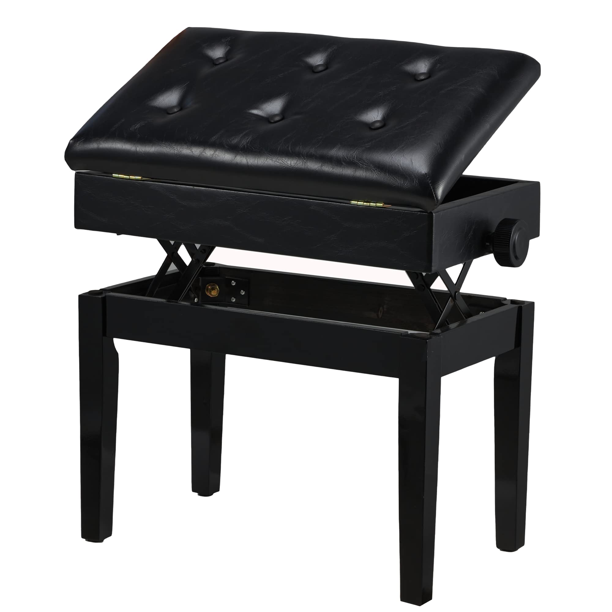 RYNSTO Piano Bench Adjustable with PE Leather High-Density Sponges Pad, Storage Compartment for Music Sheet,Solid Hard Wood Construction,Piano Stool,21.26×13.4×16.7,Weight Capacity 552lbs,Black