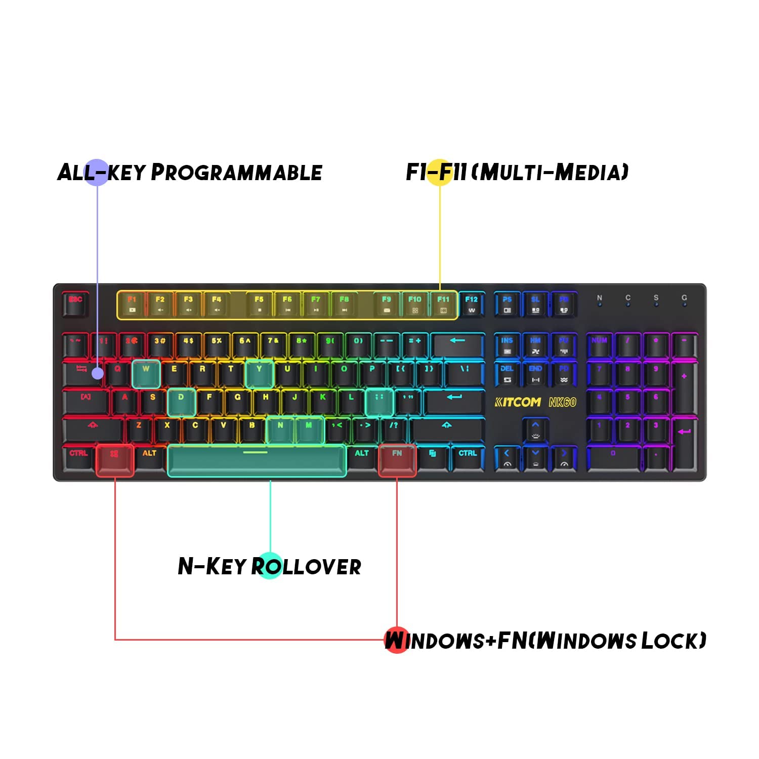 PC Gaming Keyboards RGB Backlit Mechanical Keyboard ABS keycap Programmable Macro Detachable USB-C Wired Keyboard for Windows PC (104 Keys Brown Switch)
