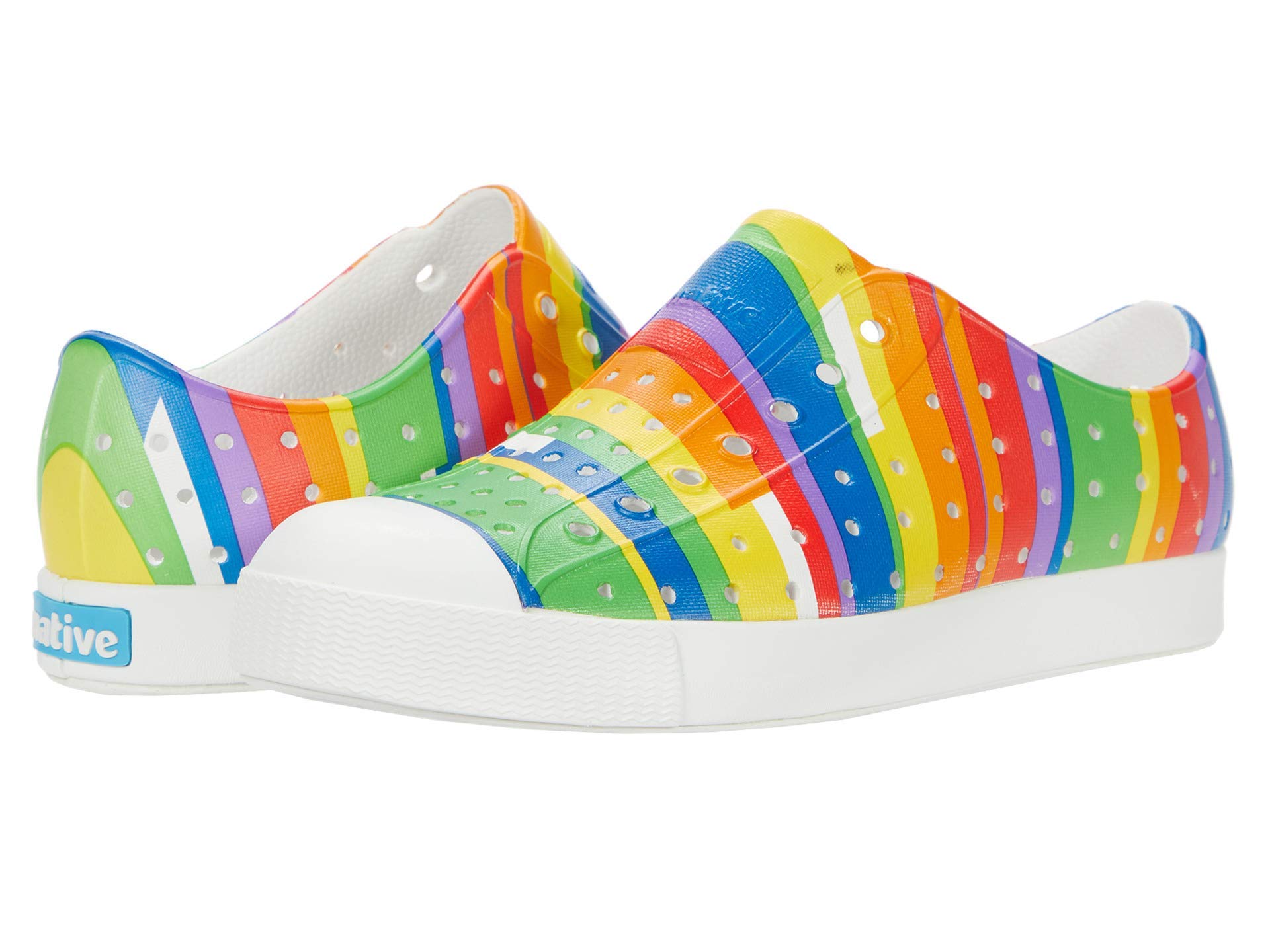 Native Shoes Kids Jefferson Print (Little Kid/Big Kid) - Shoes for Kids - Lightweight - EVA Upper - EVA Lining Shell White/Shell White/Rainbow Multi Stripes 11 Little Kid M