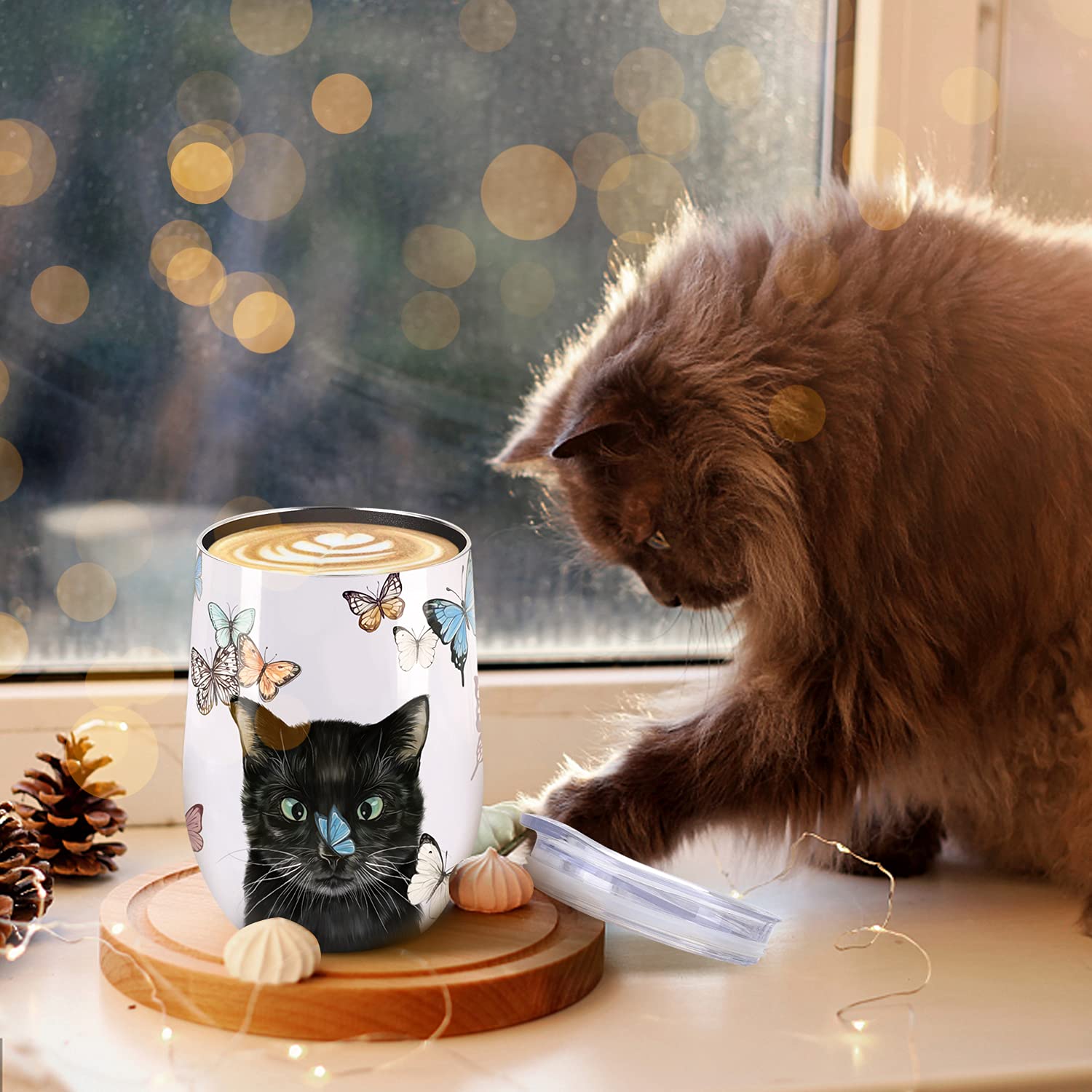 NymphFable 12oz Cat Cup Wine Tumbler With Straw And Lid Insulated Stemless Wine Glass Stainless Steel Double Wall
