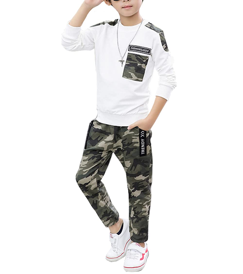 lontakids Boys Camouflage Outfit Teen Long Sleeve T-Shirt + Trousers Clothes Set (4/5, White)